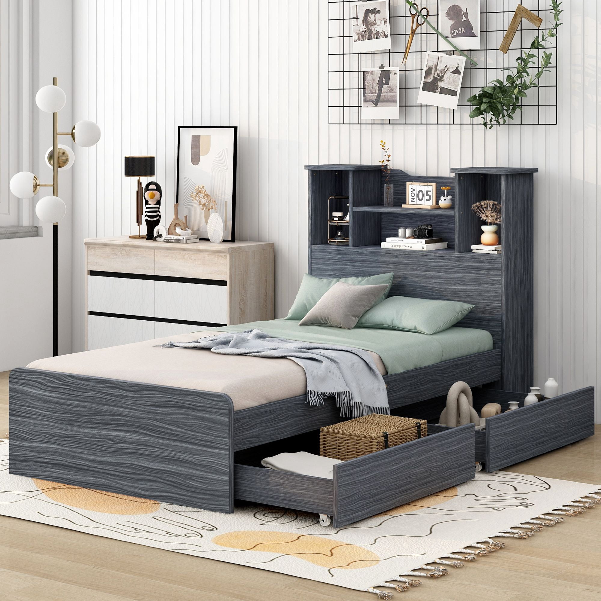 Twin Wood Platform Bed Mattress Foundation with 4 Open Storage Shelves ...