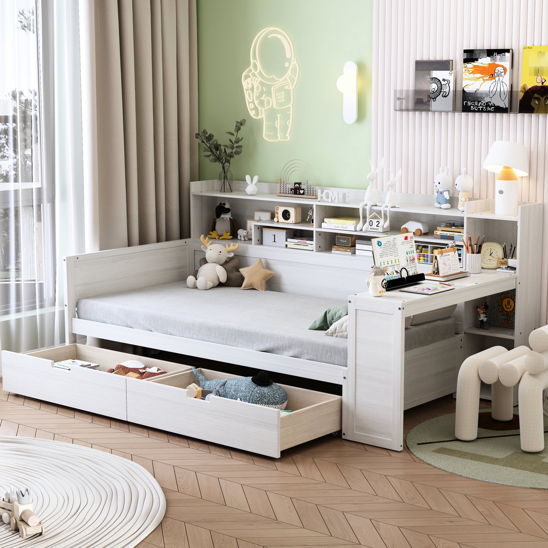 Twin Wooden Daybed - Multi - purpose with Storage and Workspace ...