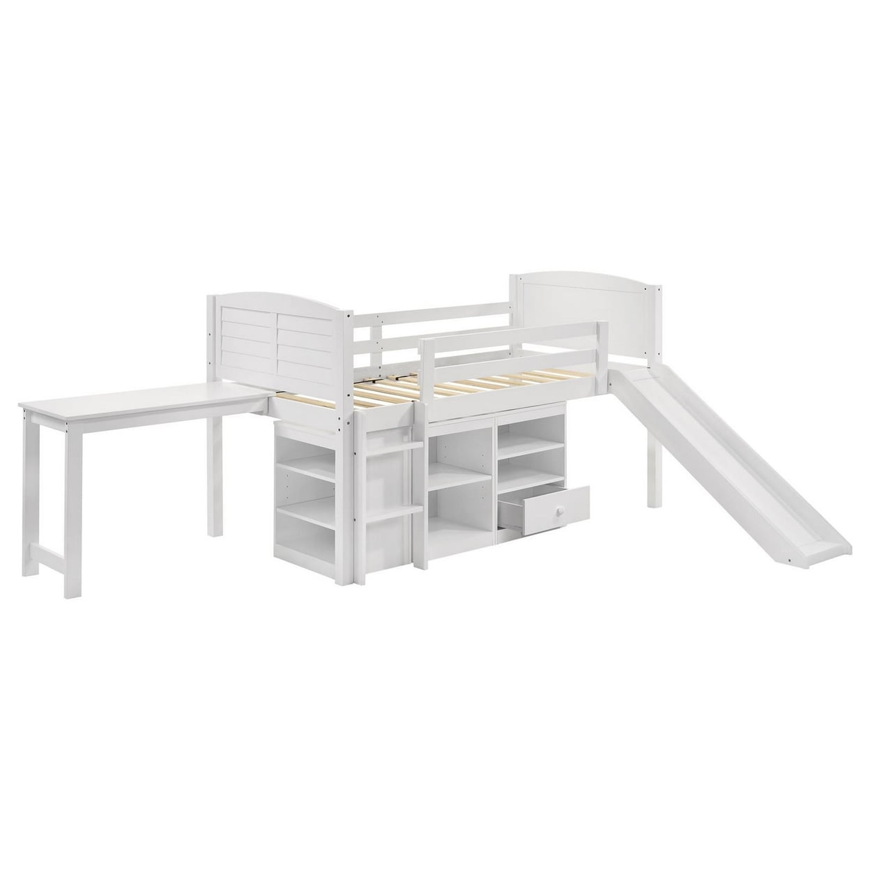 Twin Workstation Loft Bed with Open Shelves and Desk White Wood ...