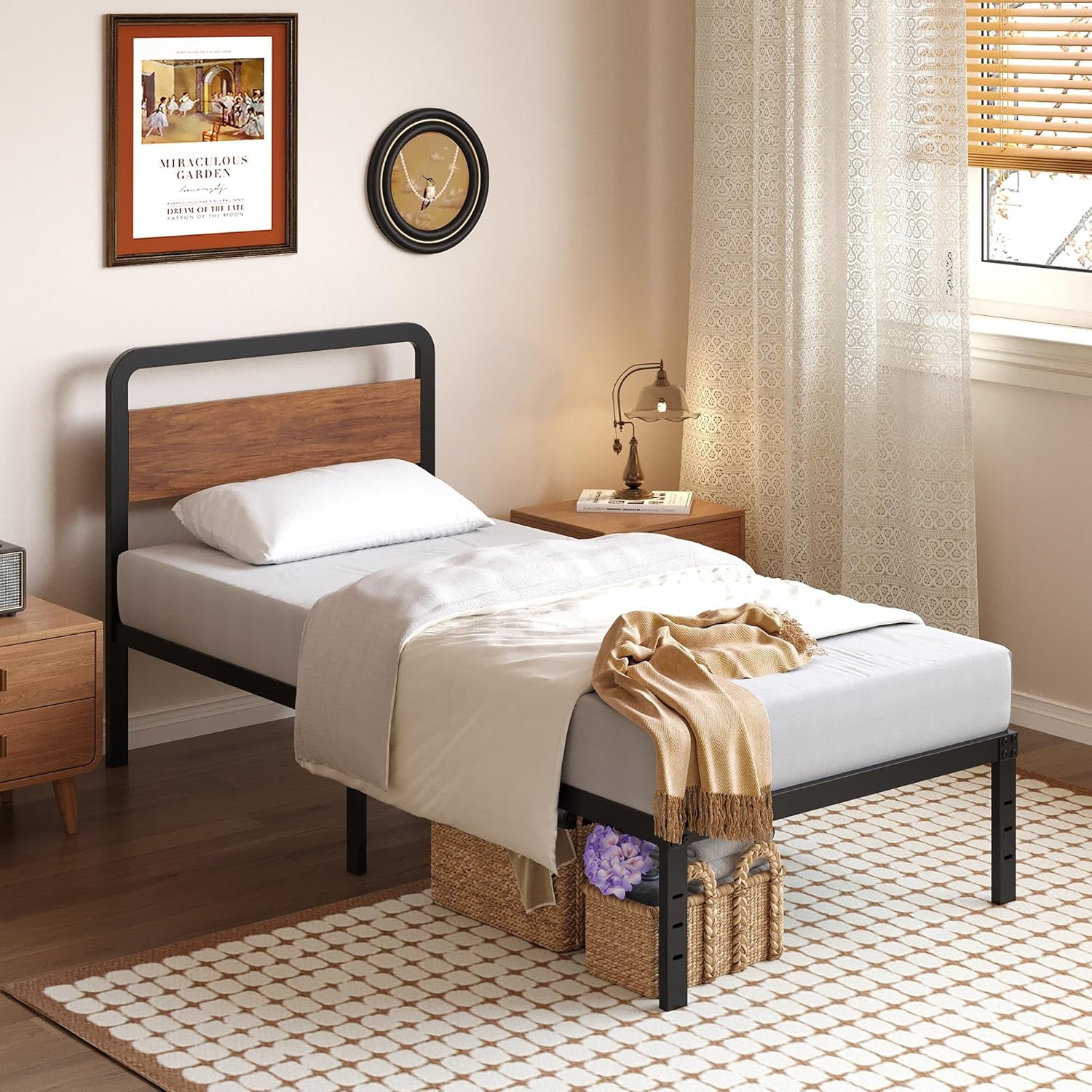 Twin XL Bed Frames with Mahogany Wood Headboard, 14 Inch XL Twin Bed ...