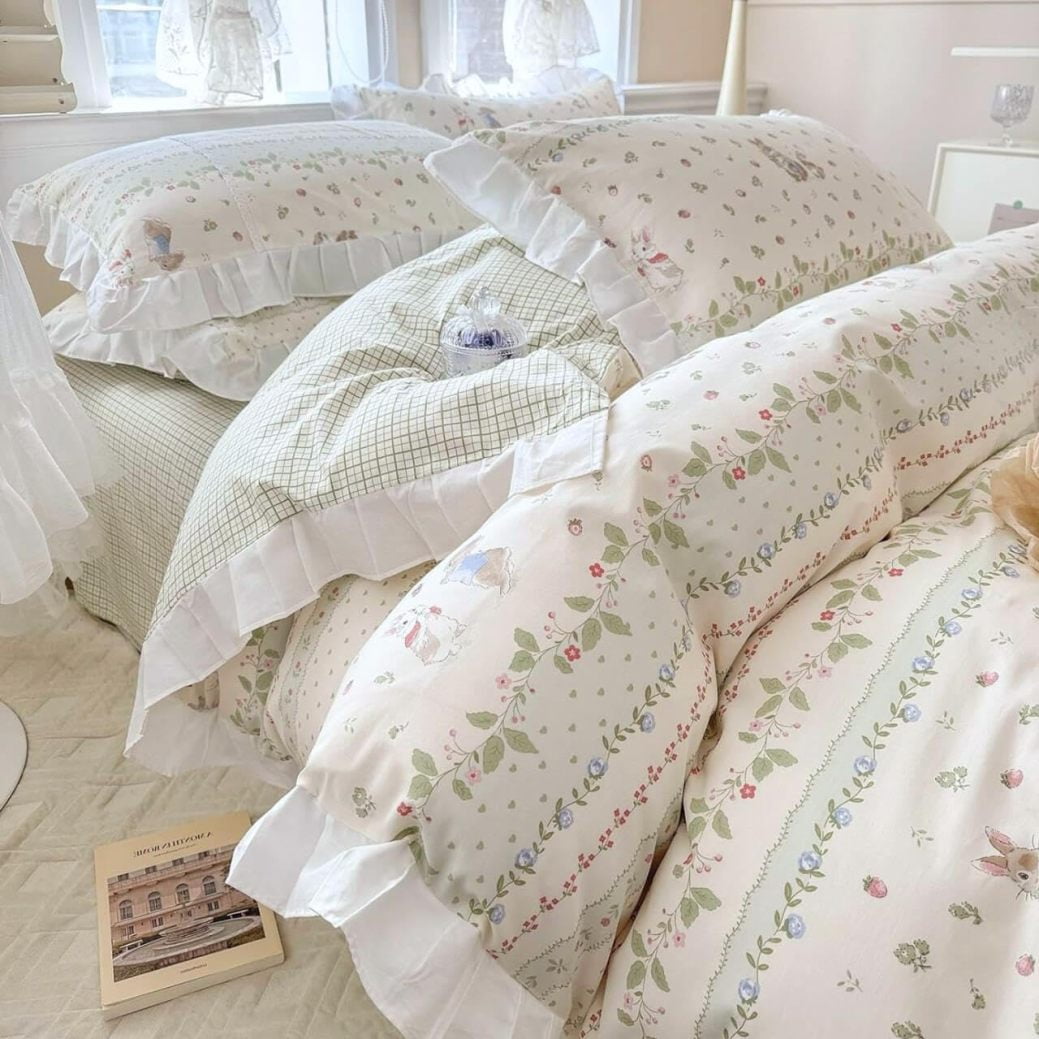 Twin XL Comforter Set Cute Flower Green Leaves Pattern Comforter White Ruffle Bedding Comforter ...