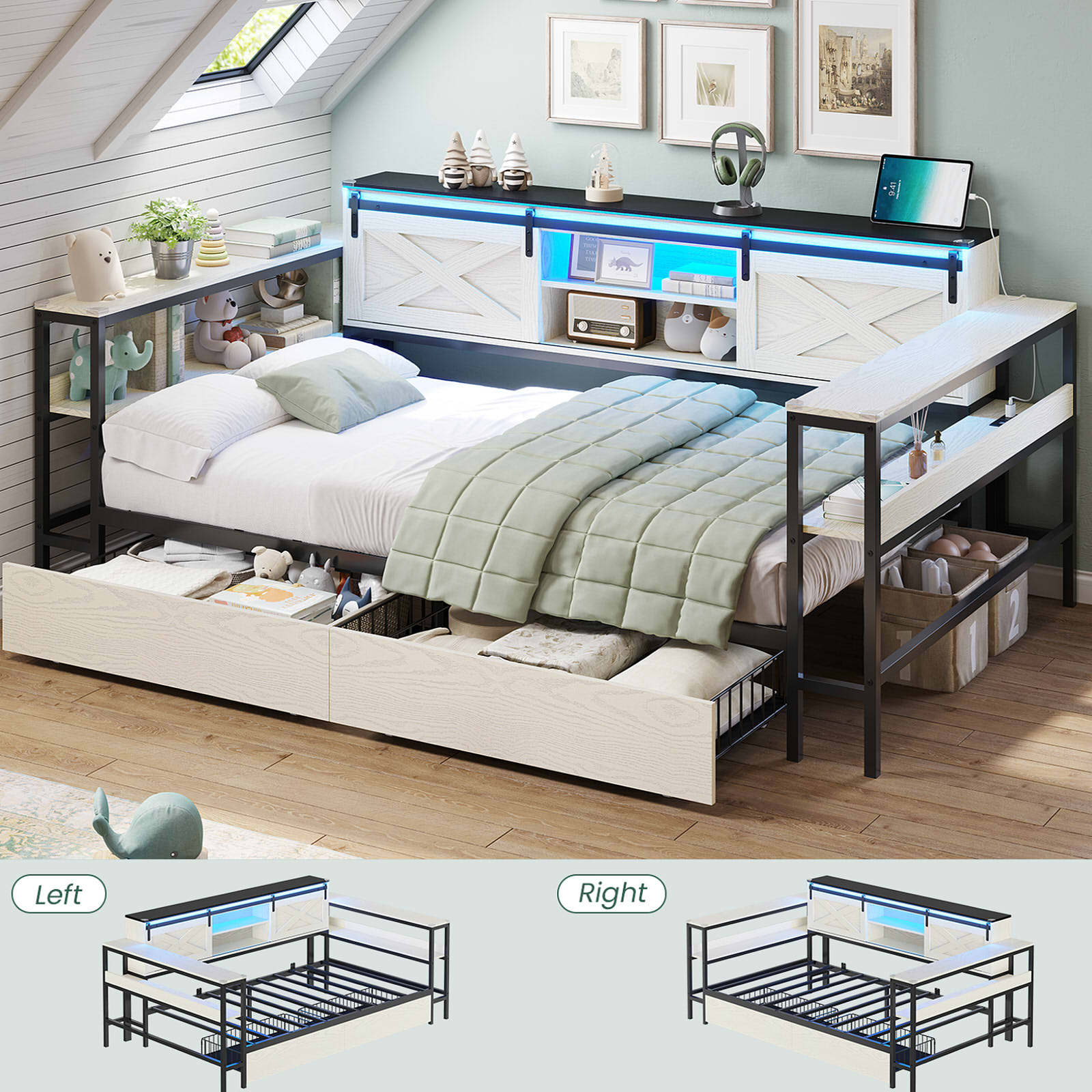 Twin XL Corner Bed Frame with Charging Station & Led Lights Farmhouse ...