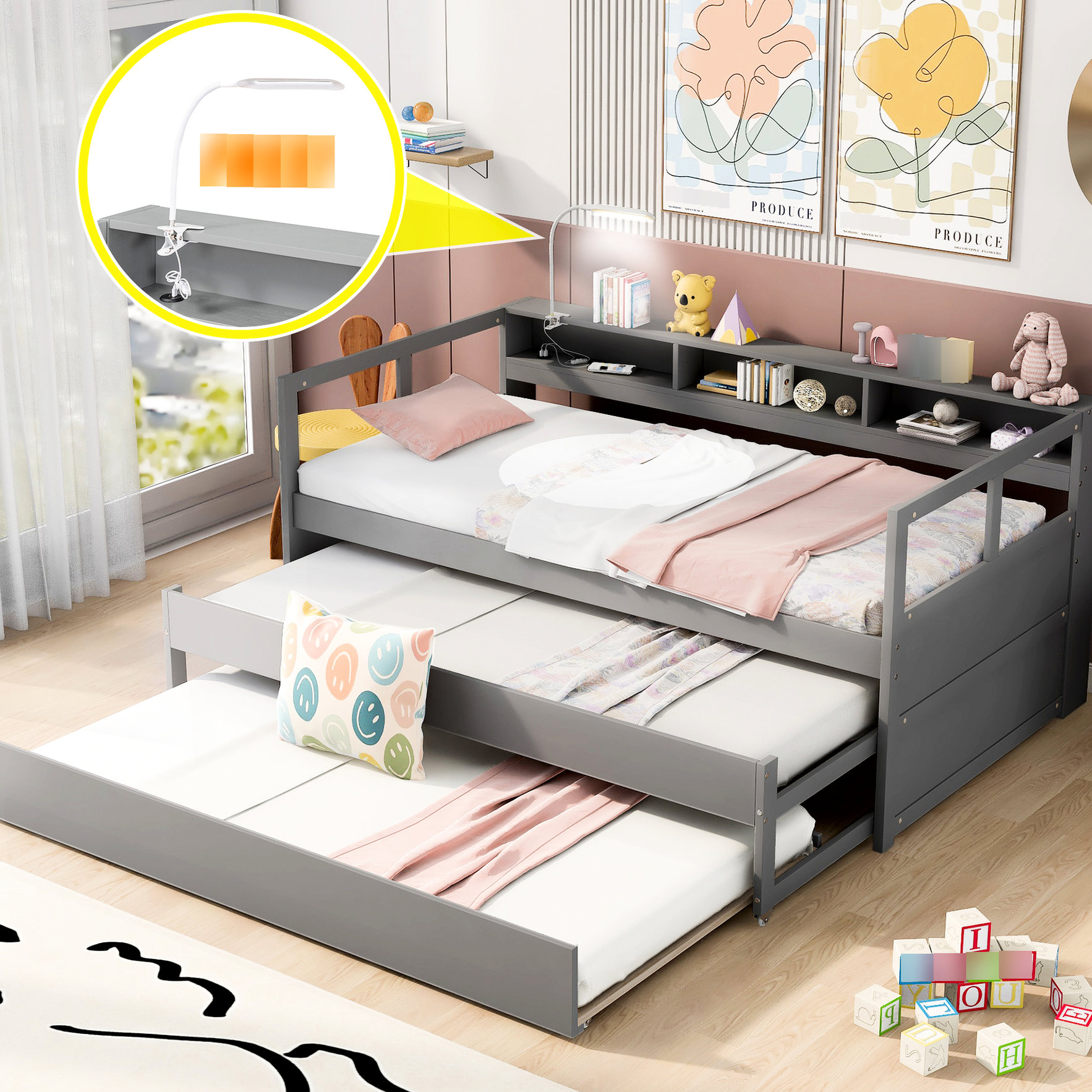 Twin XL Gray Design - Sleepover Ready with 2 Trundles - Guest ...