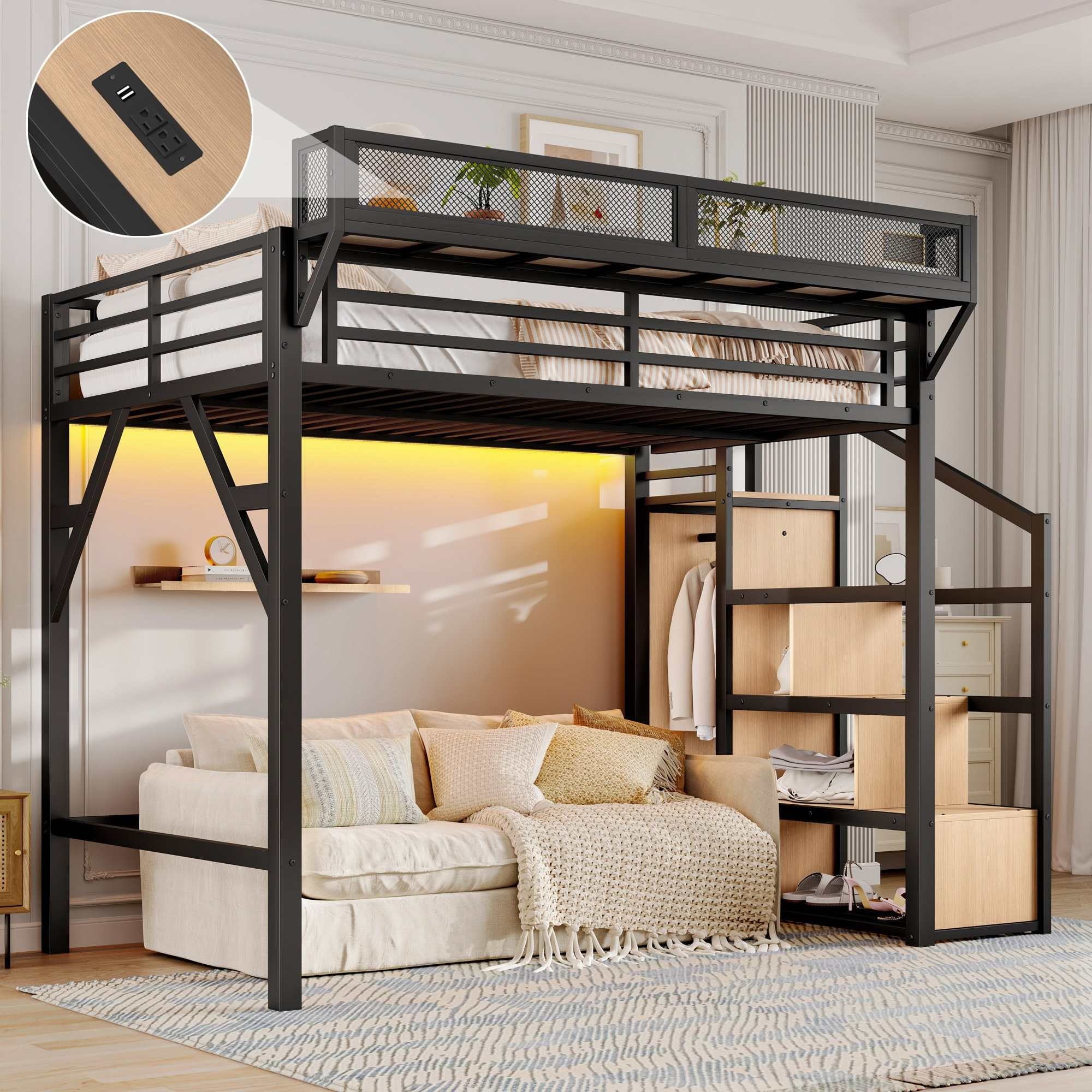 Twin XL Loft Bed with Storage Stairs, Metal Loft Bed Frame with USB ...