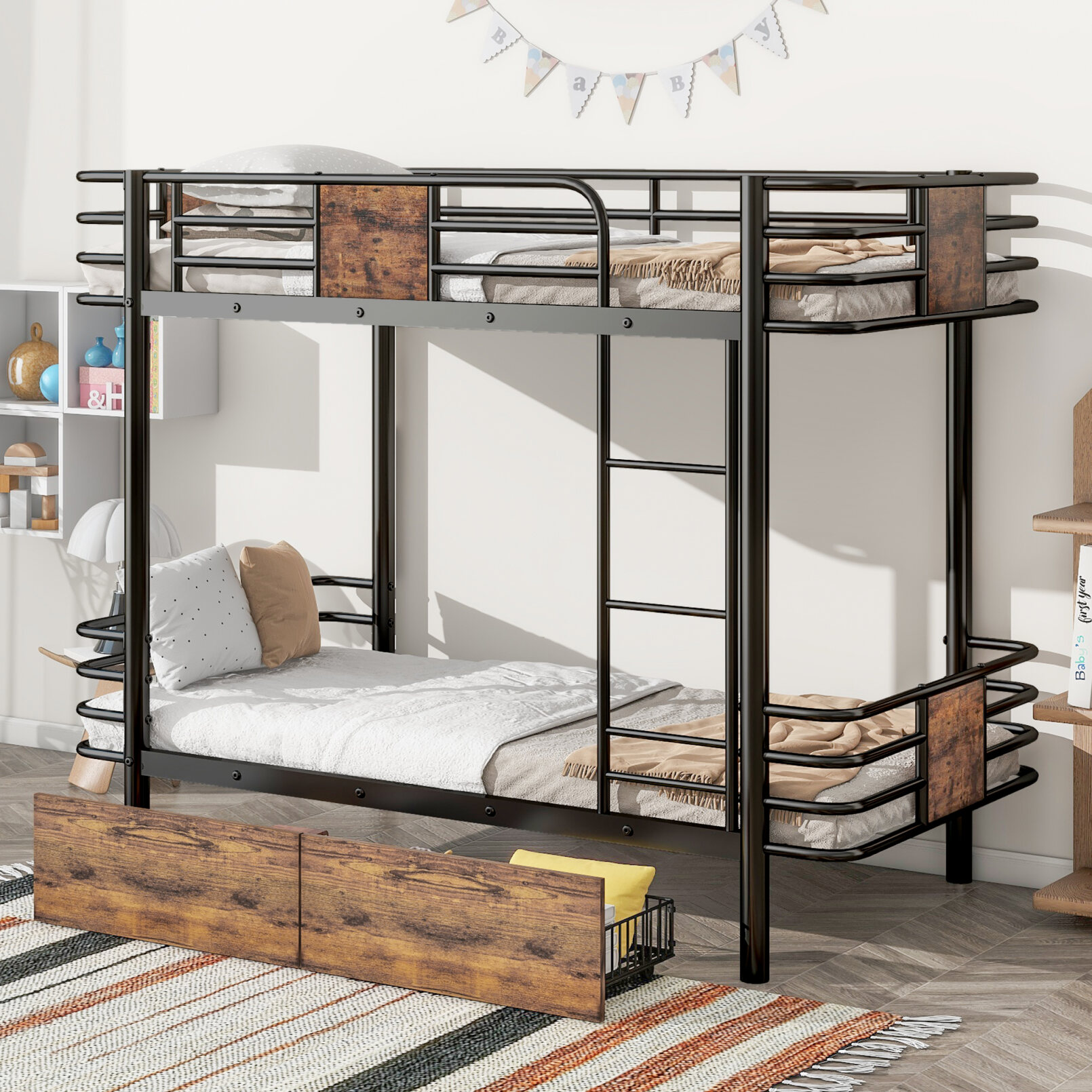 Twin XL over Twin XL Metal Bunk Bed with MDF Board Guardrail and Two ...