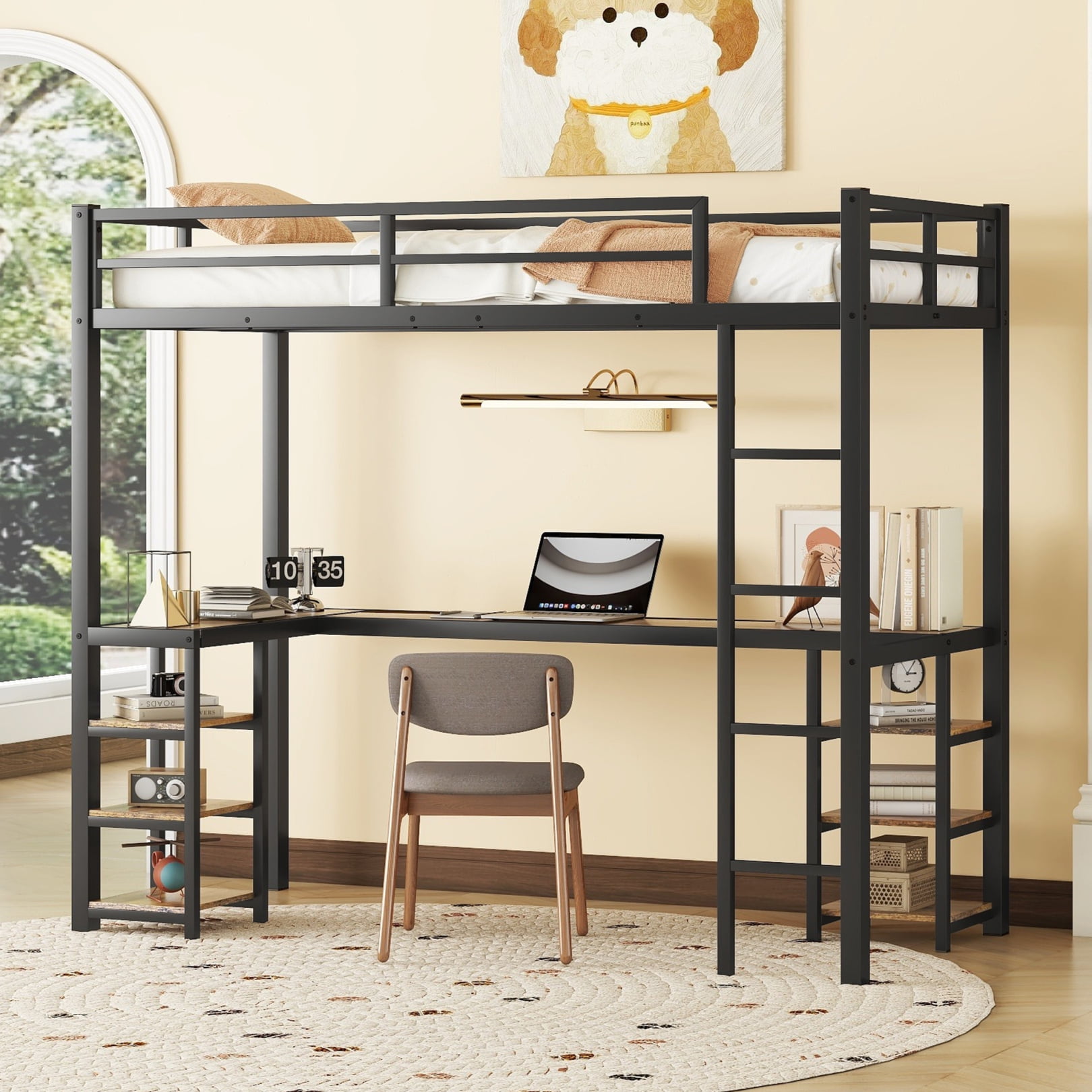 Twin XL Metal Loft Bed with Desk and Storage Shelves, Loft Bed Frame ...