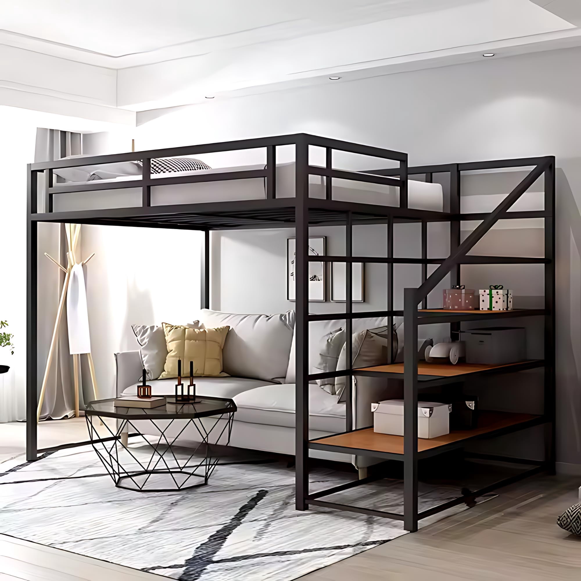 Twin XL Modern Heavy Duty Metal Loft Bed with Storage Shelves and ...