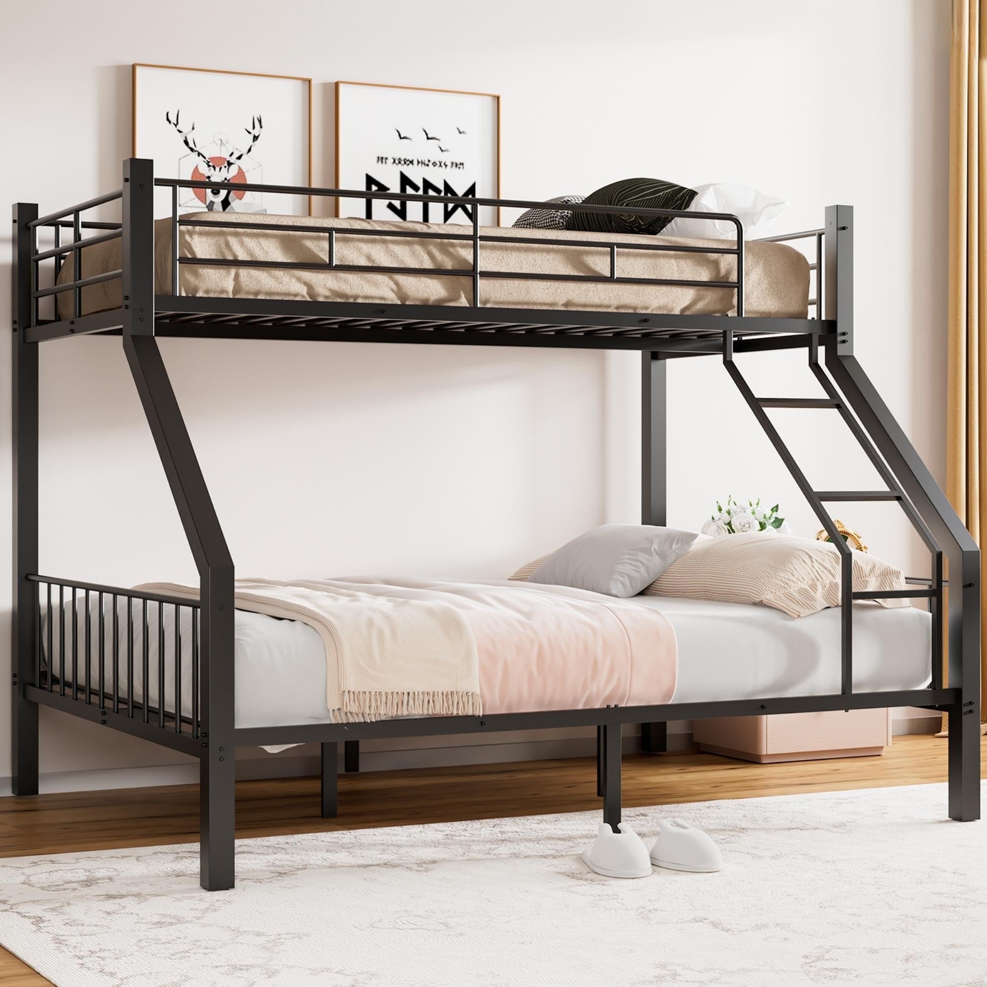 Twin XL Over Queen Metal Bunk Bed with Ladder and Slats Support, Heavy ...