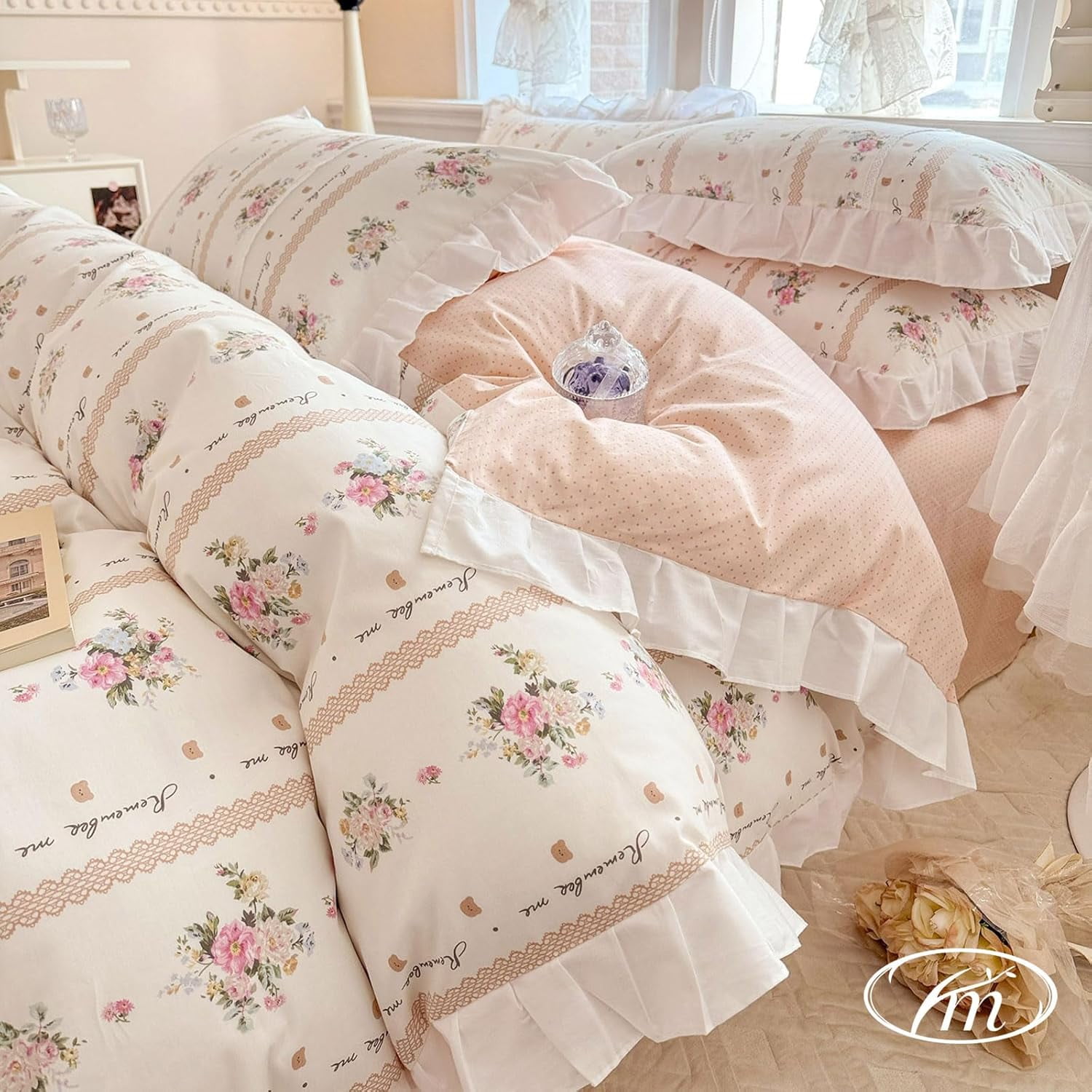 Twin XL Pink Flower Comforter Set with White Ruffle Down, 2 Pillow ...