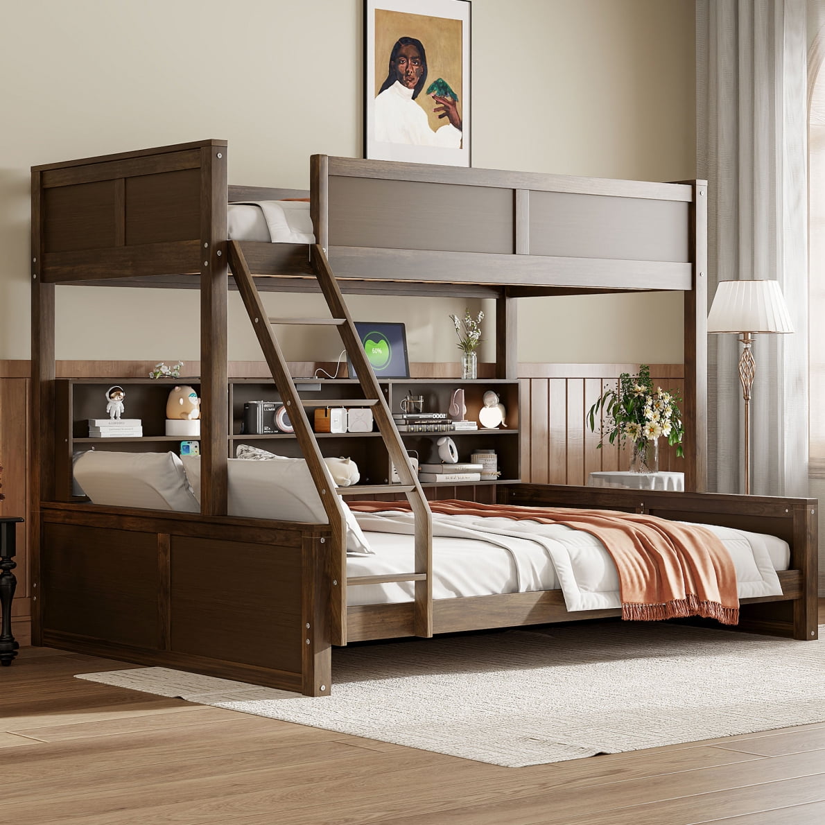 Twin XL over Queen Bunk Bed with Charging Station, Solid Fir Wood ...