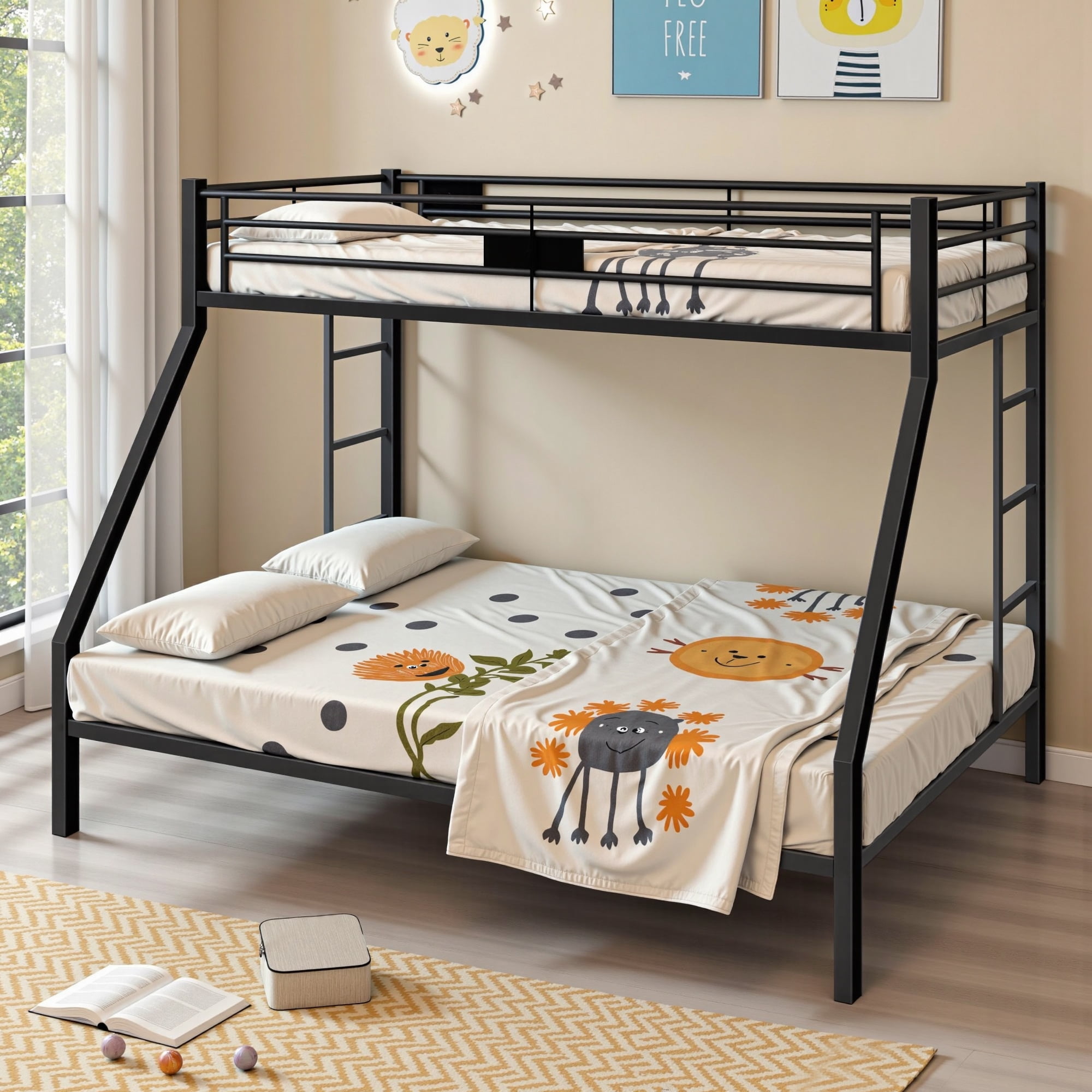 Twin XL/Queen Bunk Bed, Upgraded Metal Bunk Bed Frame with 2 Ladders ...