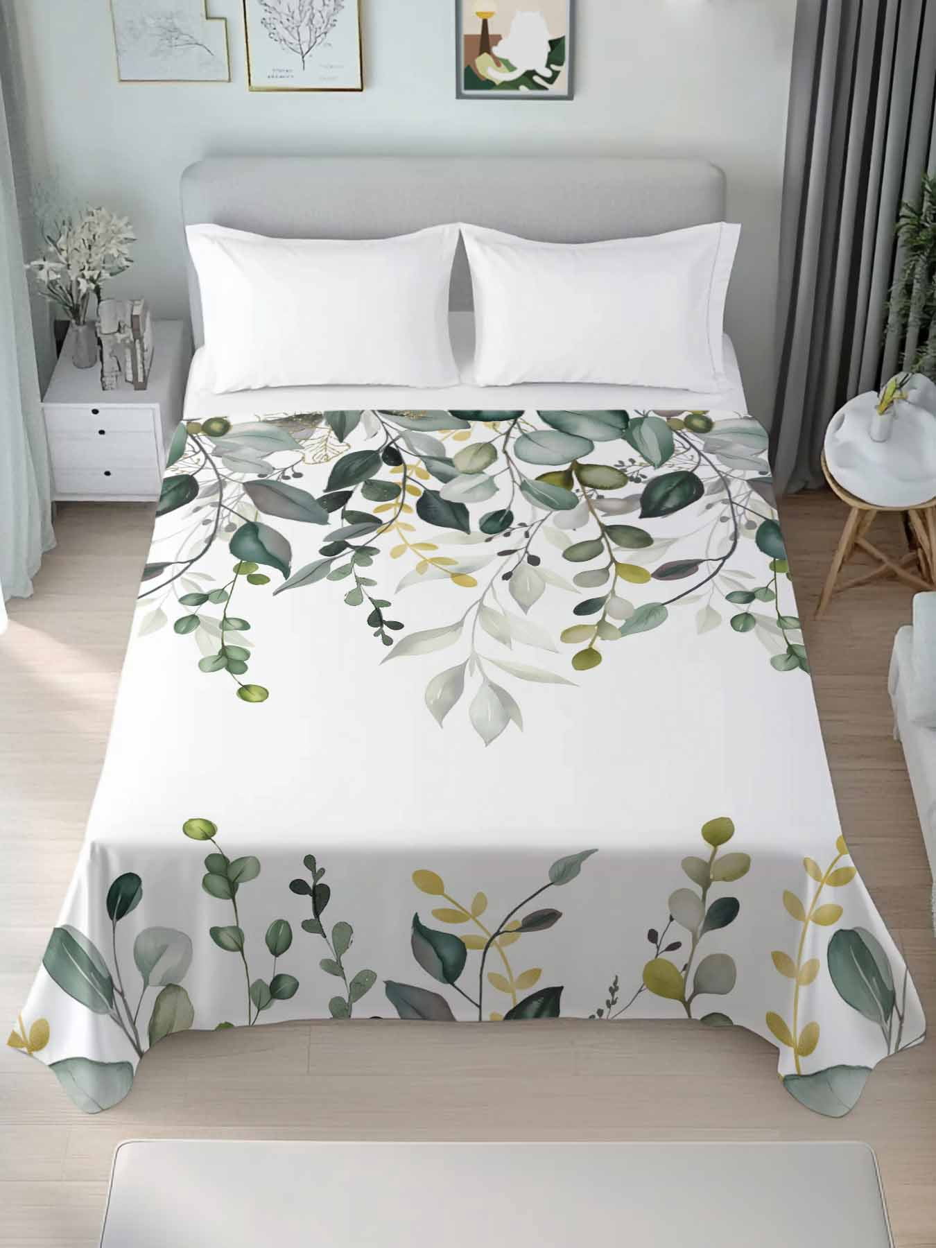 Twin Size Flat Sheet Only, Gray Green Eucalyptus Leaves Soft Brushed ...