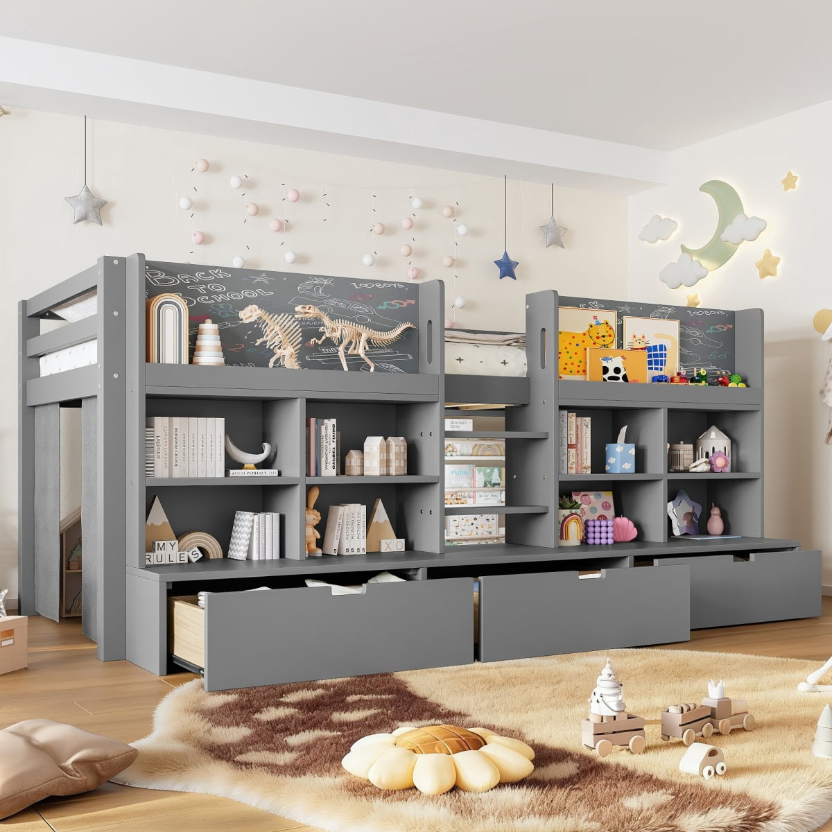 Twin XL Size Loft Bed with Multi-storage Shelves and Storage, Low Loft ...
