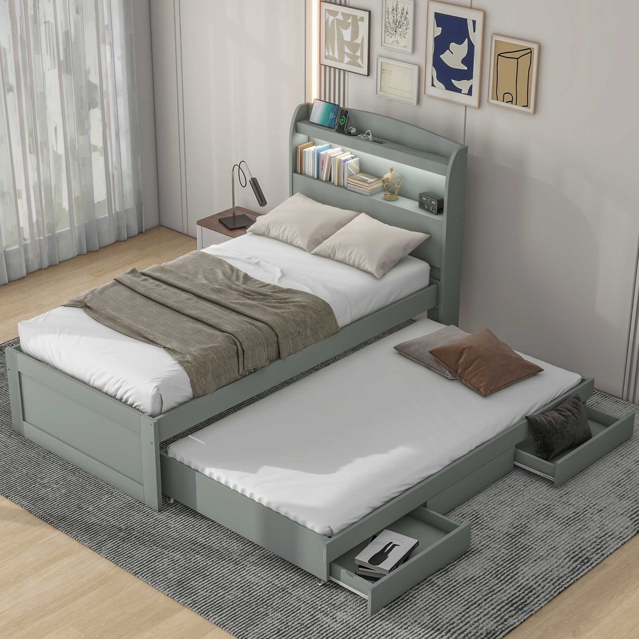Twin XL Size Platform Bed with Trundle, 2 Drawers and Bookcase ...