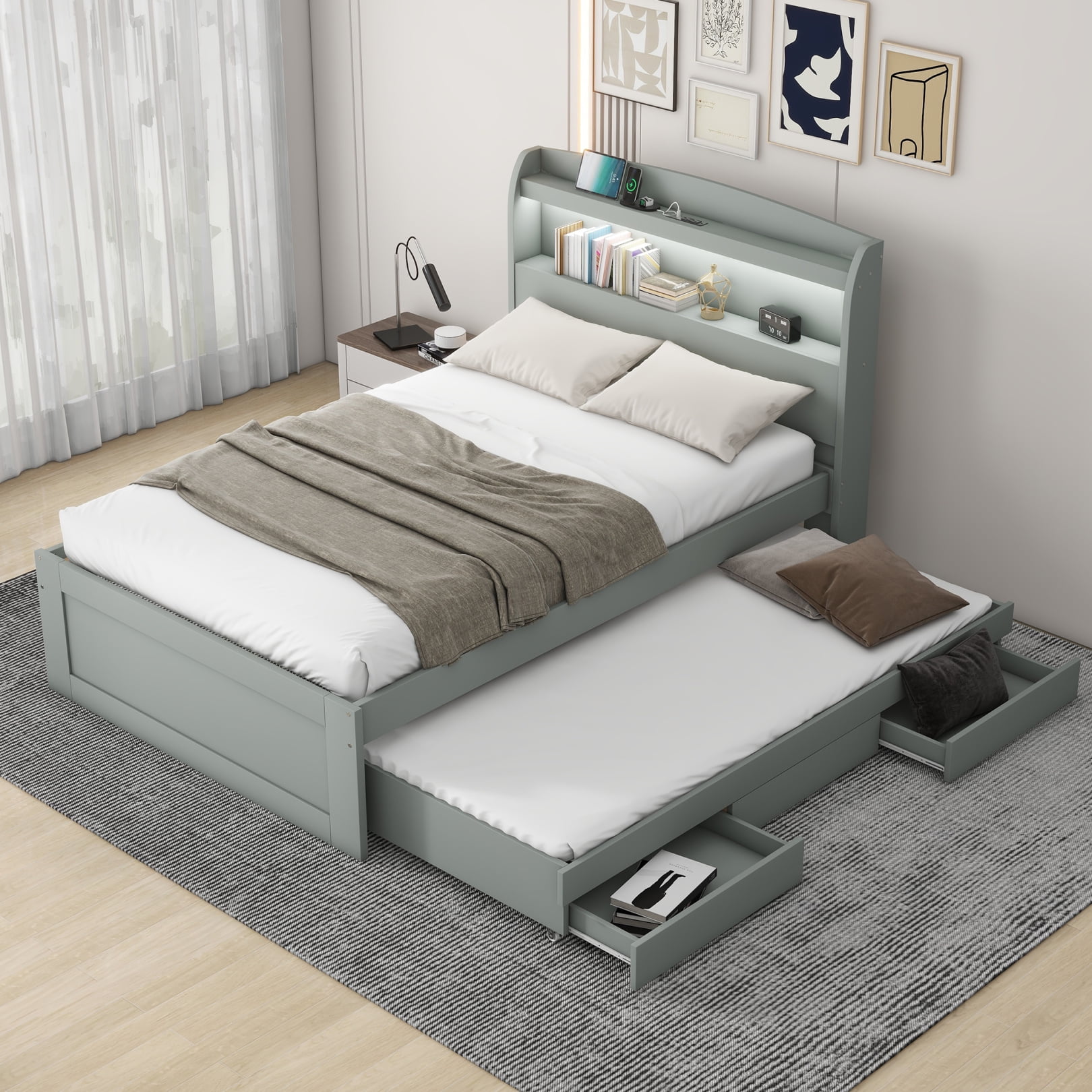 Twin XL Size Platform Bed with Trundle & Storage LED Headboard, Wood ...