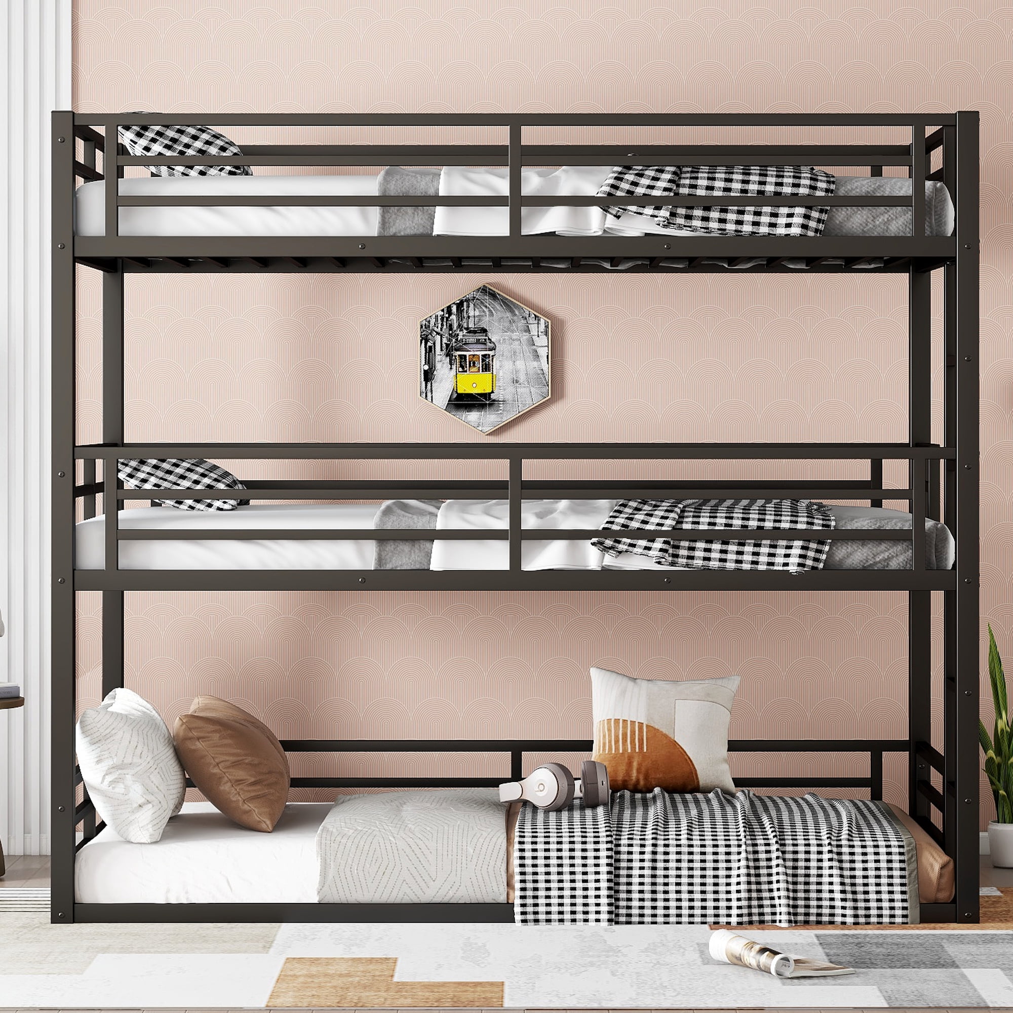 Twin XL Triple Bunk Bed, 3-Tier Metal Bunk Bed with Full Safety ...