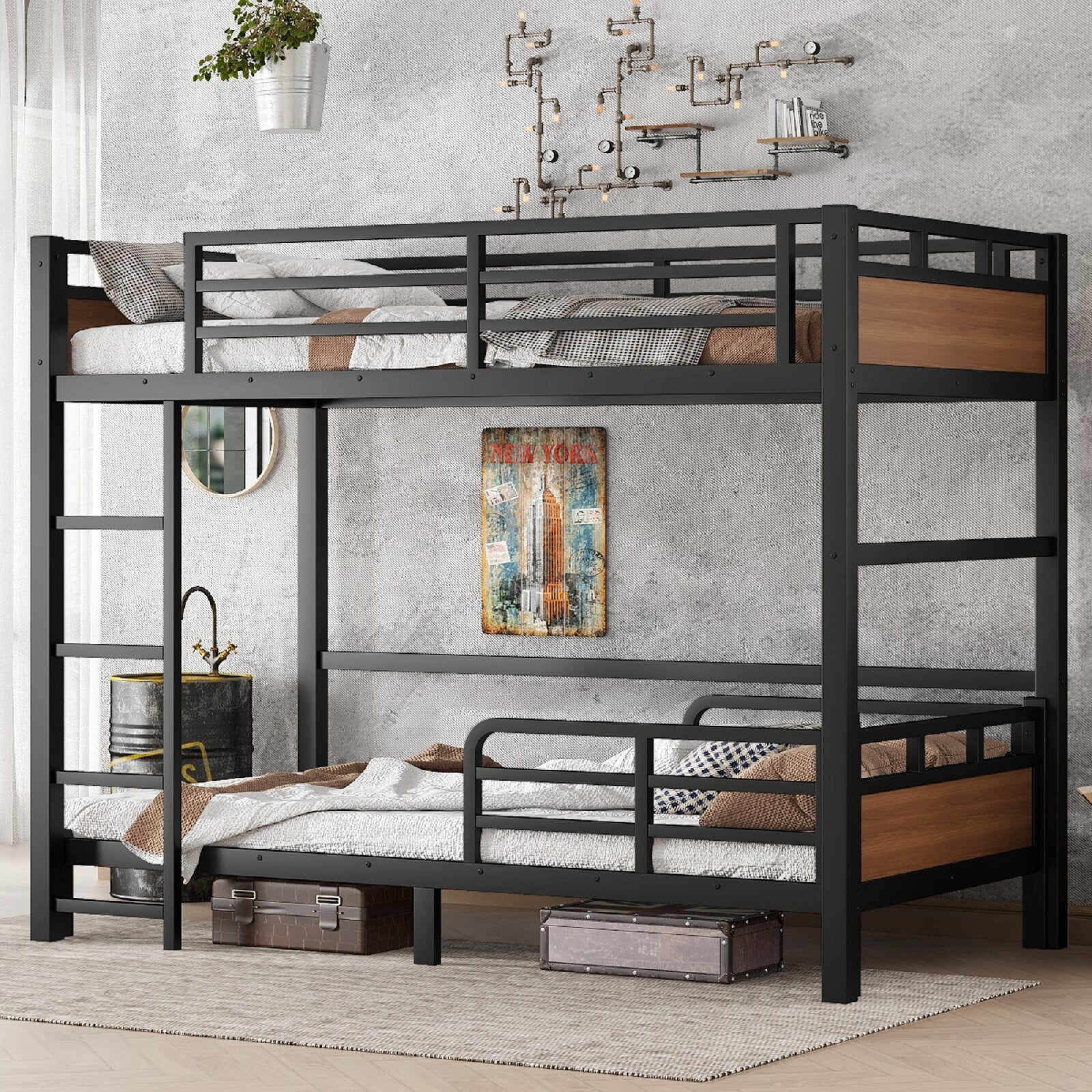 Twin XL over Twin XL Bunk Bed Frame with Raised Security Fence, Metal ...