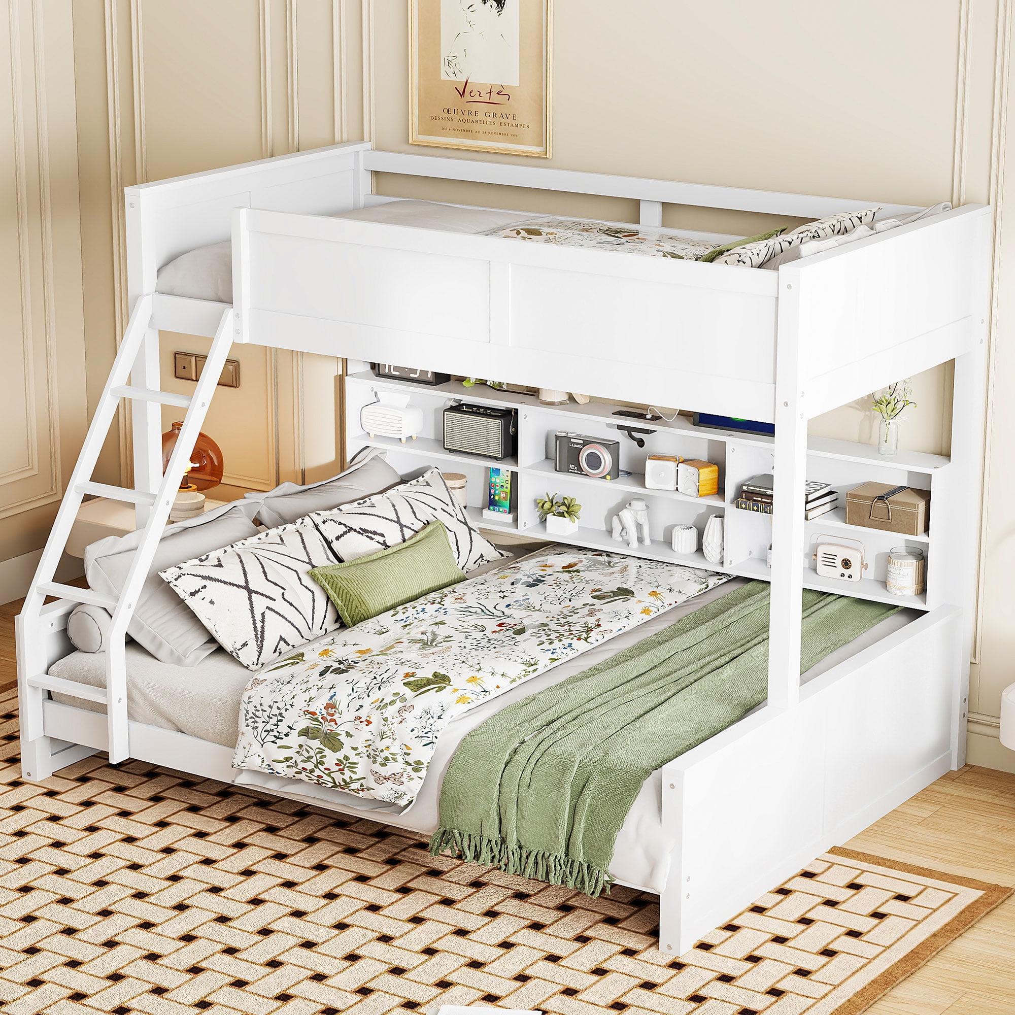 Twin XL over Queen Bunk Bed with Storage Cabinets and USB Ports ...