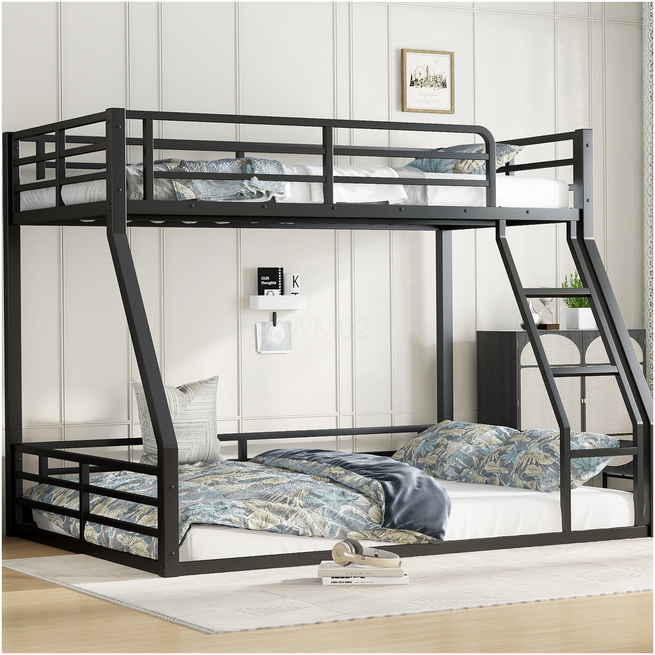 Twin XL over Queen Low Profile Bunk Bed Frame with Guardrails, Space ...