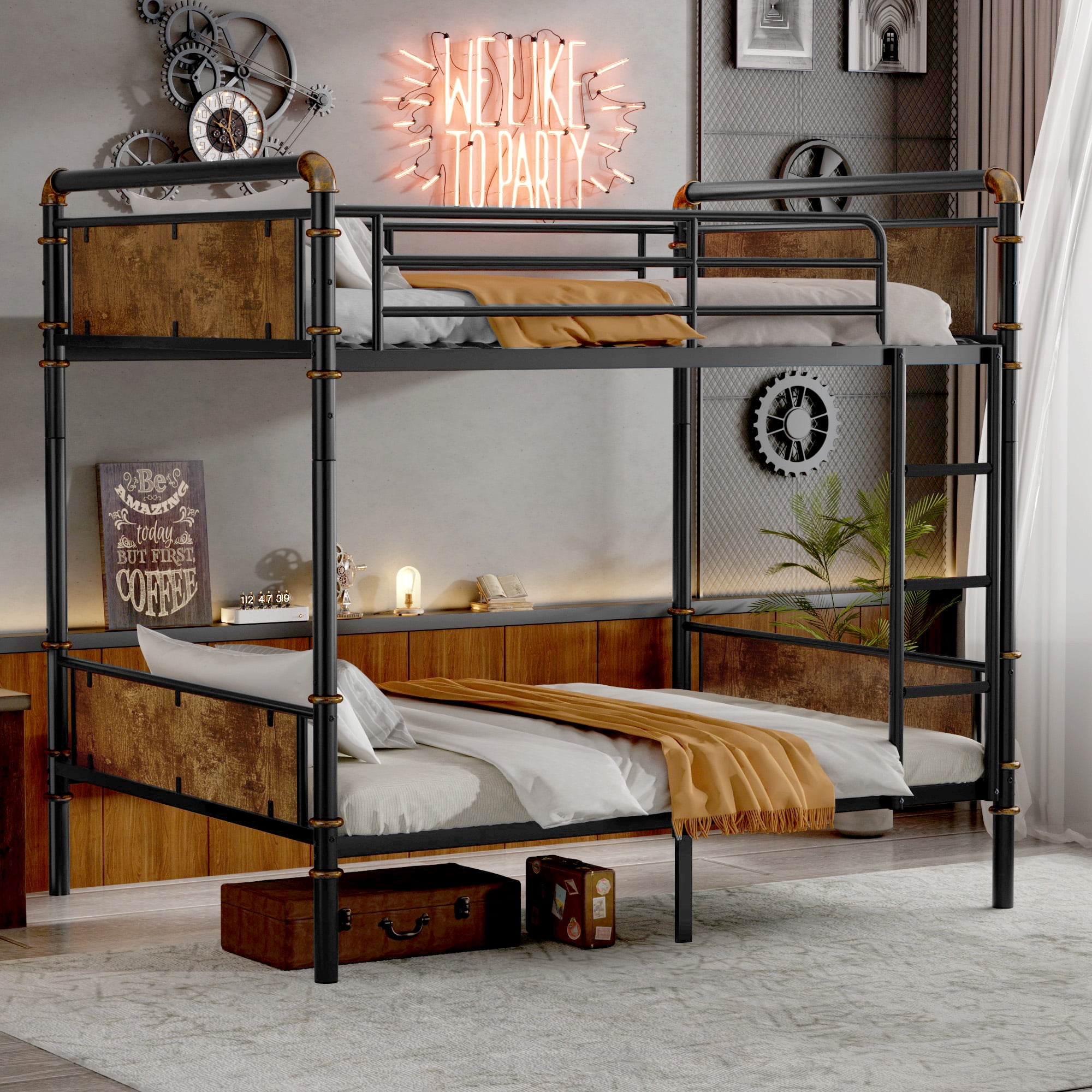 Twin XL over Twin XL Metal Bunk Bed, Industrial Detachable Bunkbeds ...