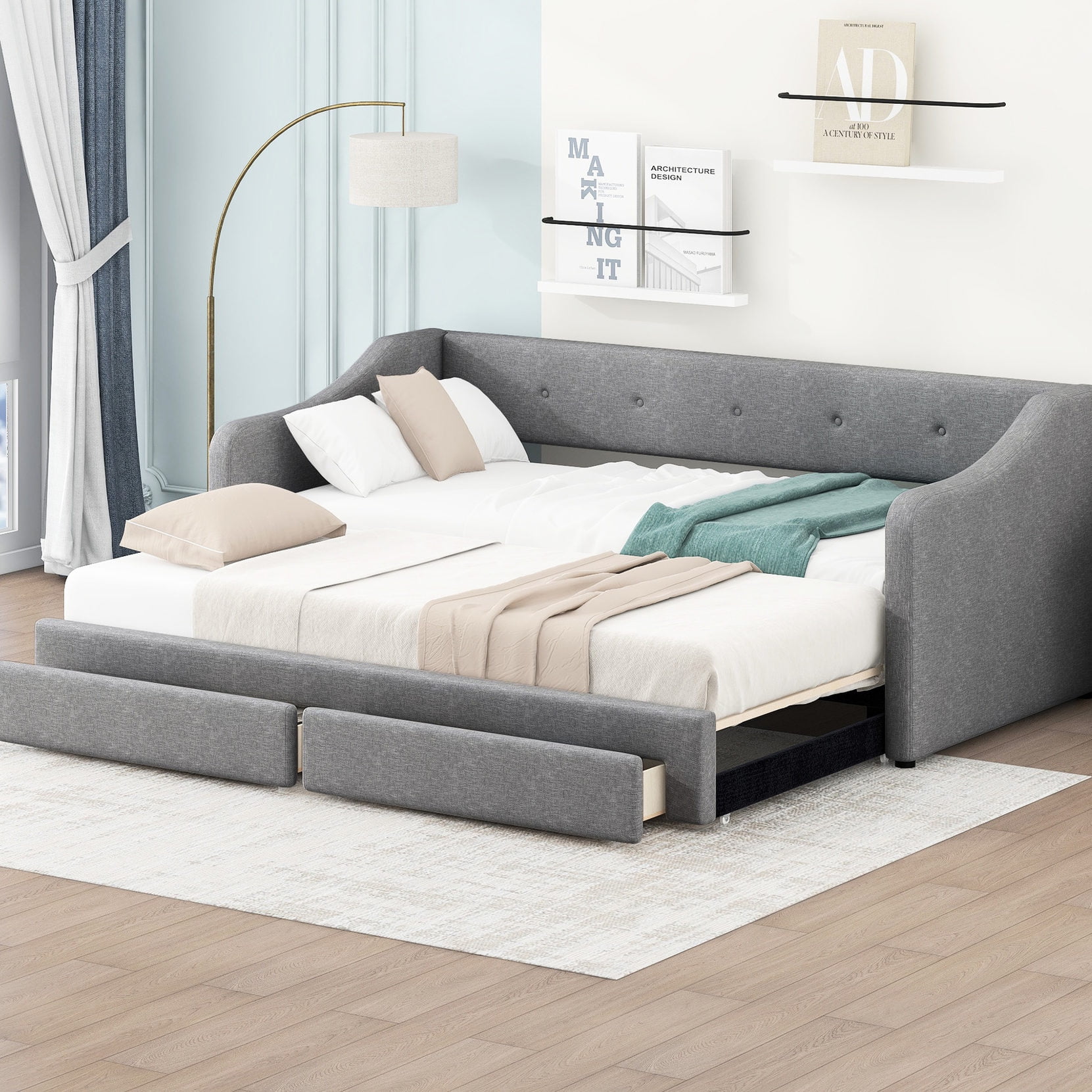 Twin XL to King Size Gray Upholstered Daybed with Two Drawers ...