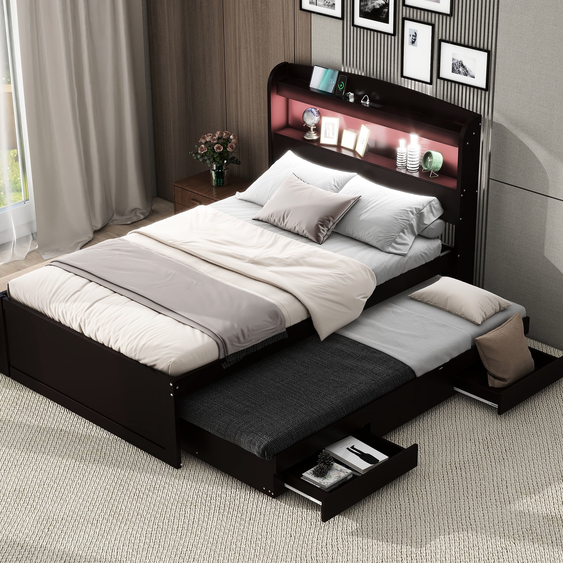 Twin Xl Bed With Versatile Storage, Led Headboard & Charging Plug, Dark ...
