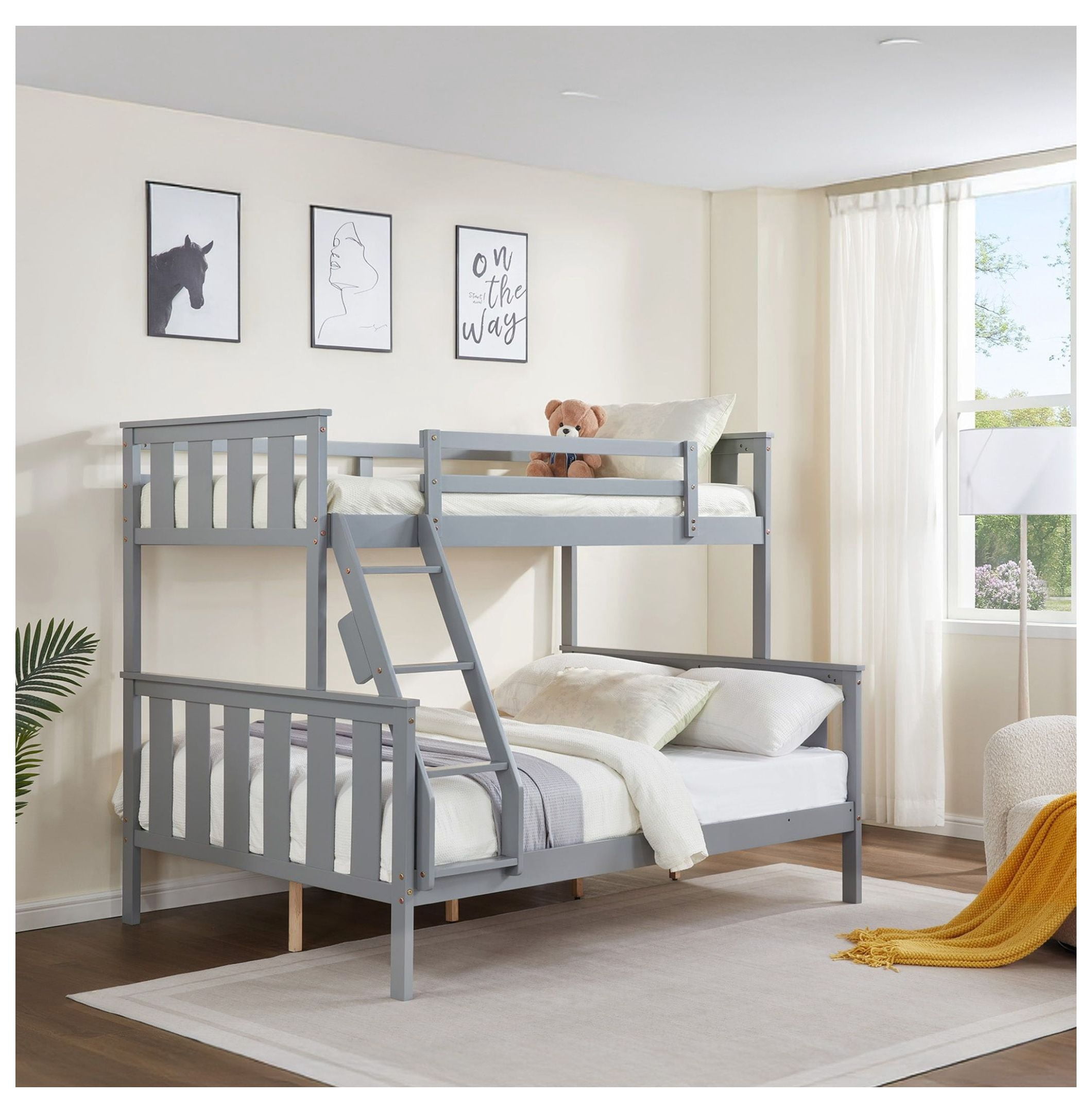 Twin over Full Bunk Bed with Flexible Ladder,Kids Solid Wood Bed Frame ...