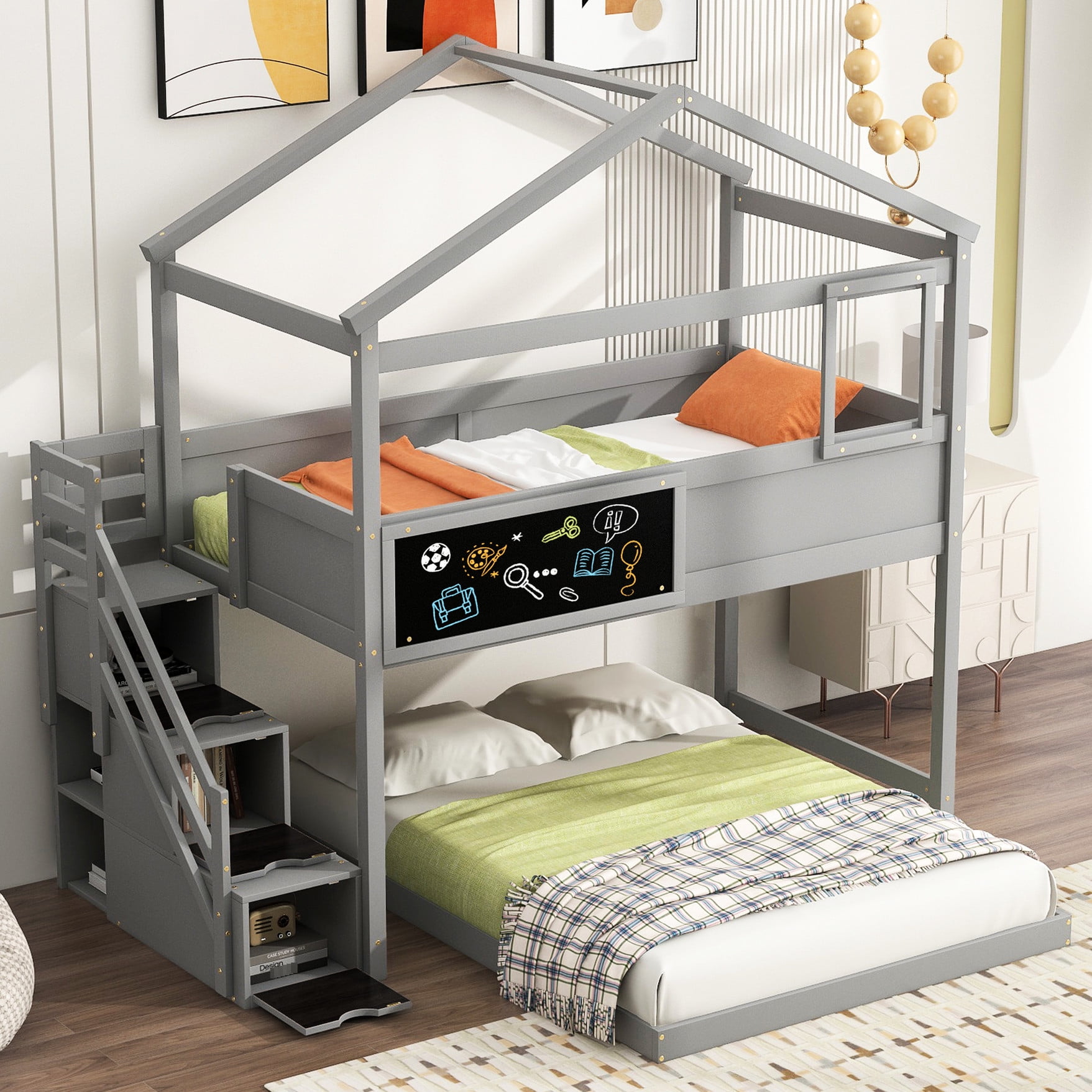 Twin over Full Bunk Bed with Storage Staircase / Gray Finish, Sturdy ...