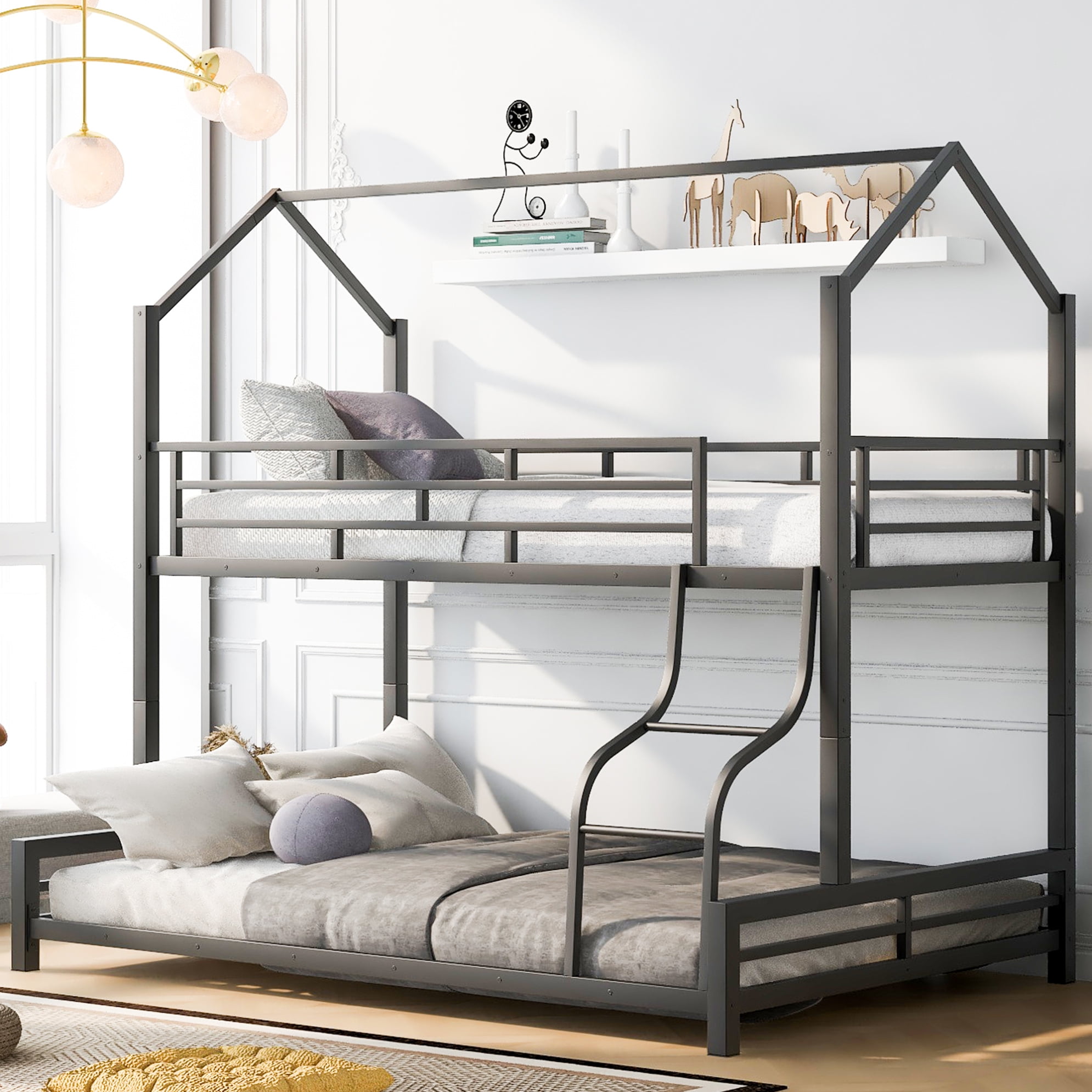 Twin over Full House Bunk Beds, Metal Detachable Bunk Bed Frame with ...