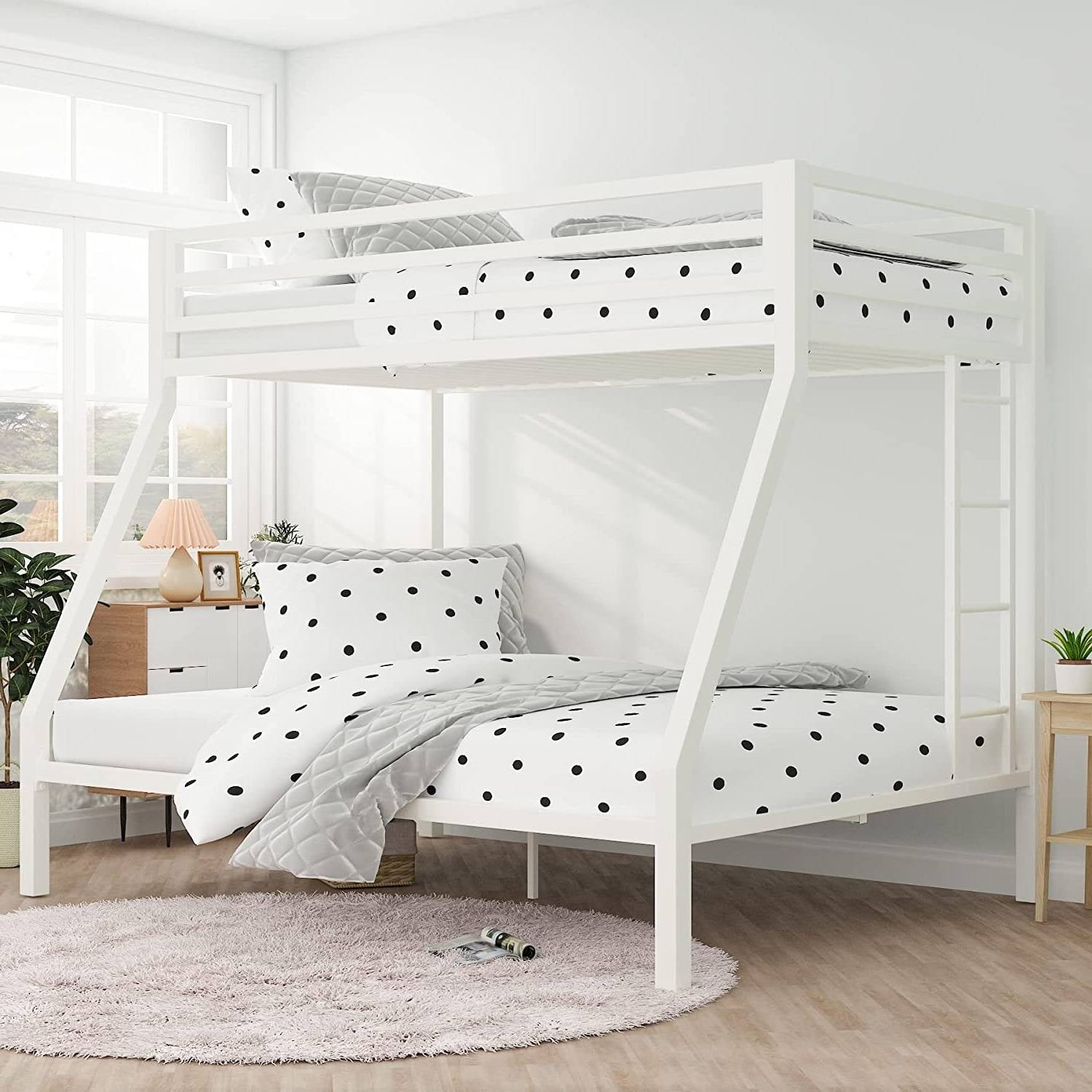 Twin over Full Modern Metal Bunk bed Frame in White with Ladder ...