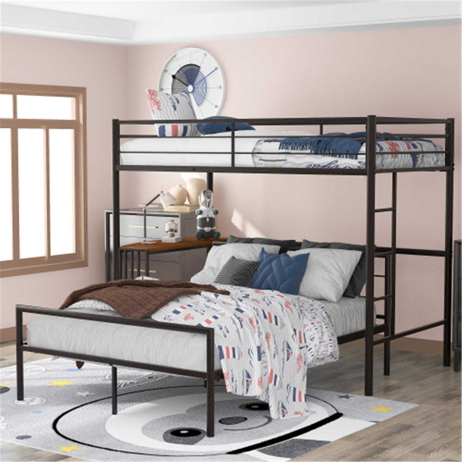 Twin over Full Size Bunk Bed Frame with Desk, Metal Bunk Bed with Built ...