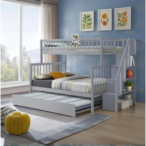 Twin over Full Stairway Bunk Bed with Trundle Storage Wood Frame Safety ...