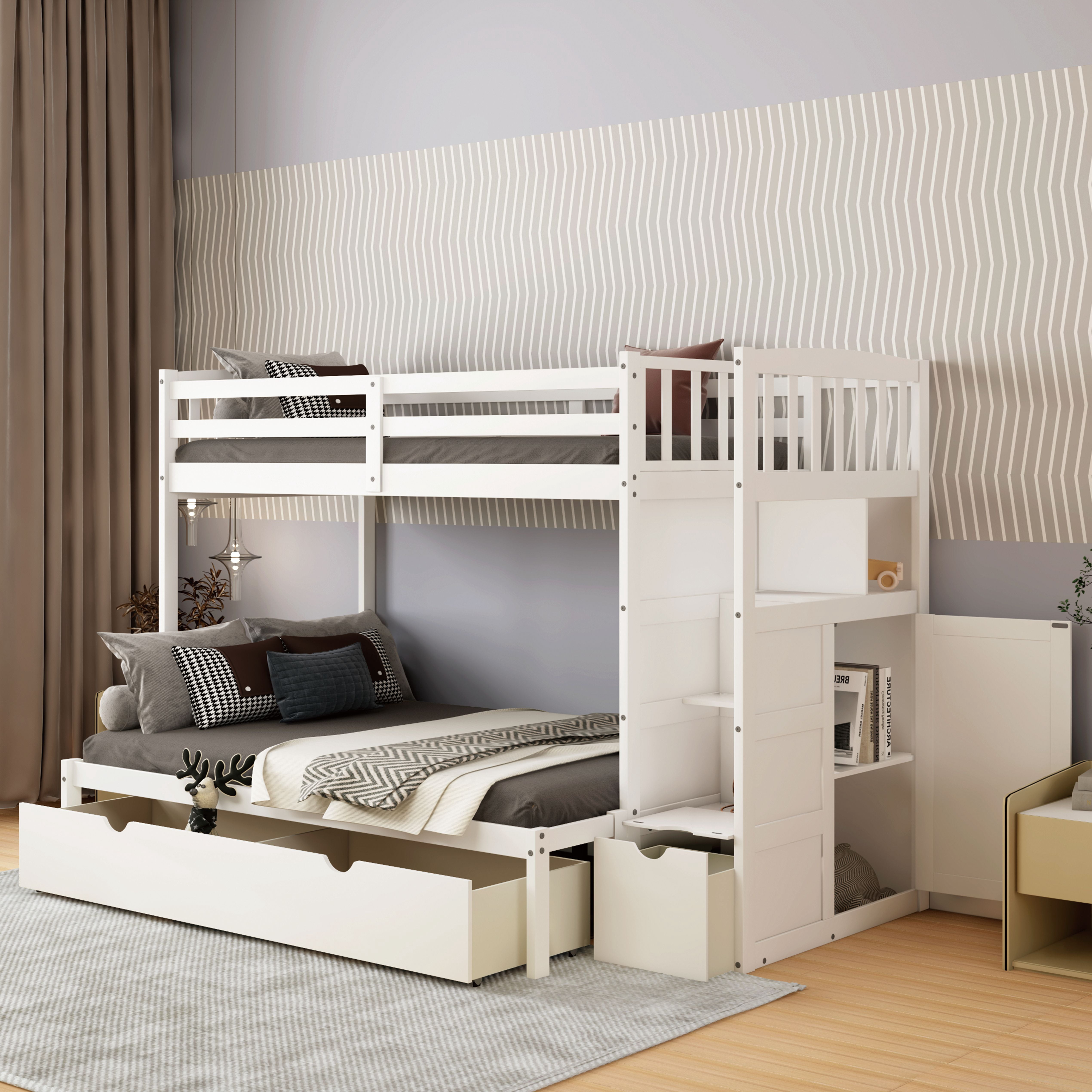 Twin over Full/Twin Bunk Bed, Convertible Bottom Bed, Storage Shelves ...