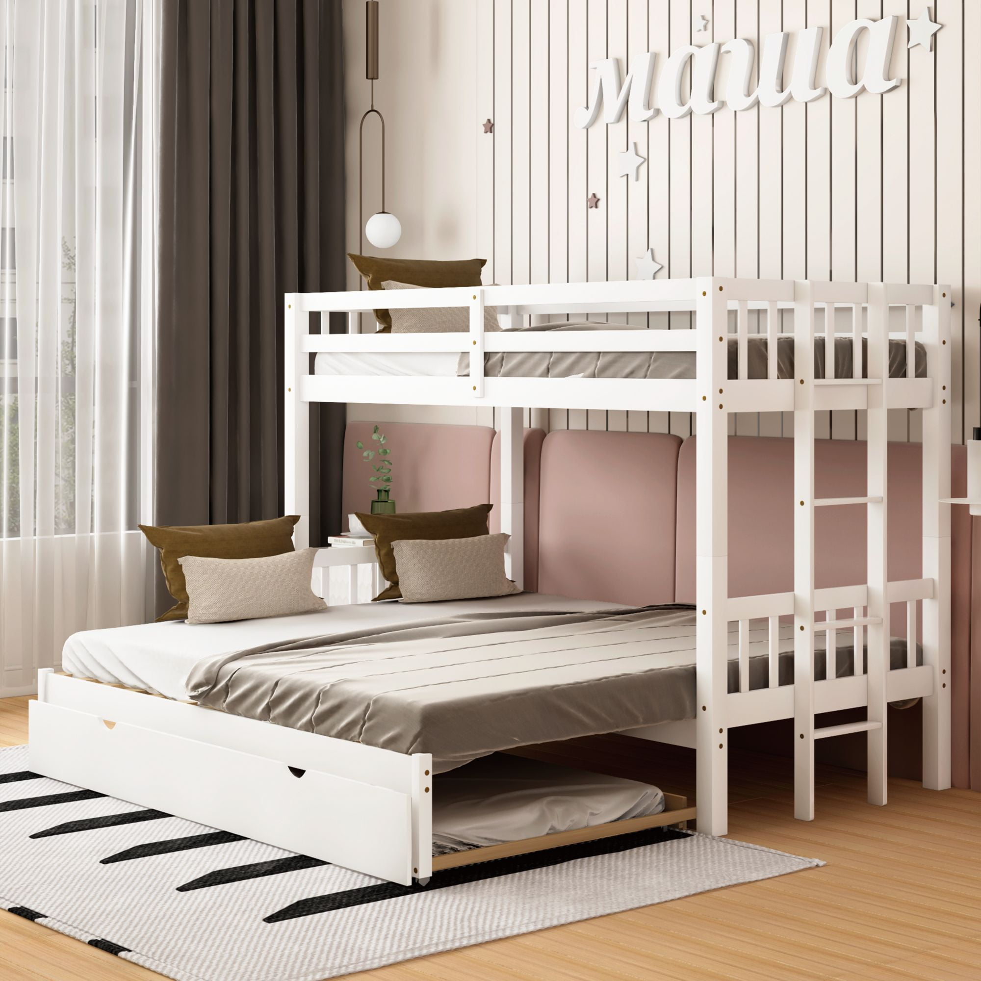 Twin over Pull-out Bunk Bed with Trundle, White - Walmart.com