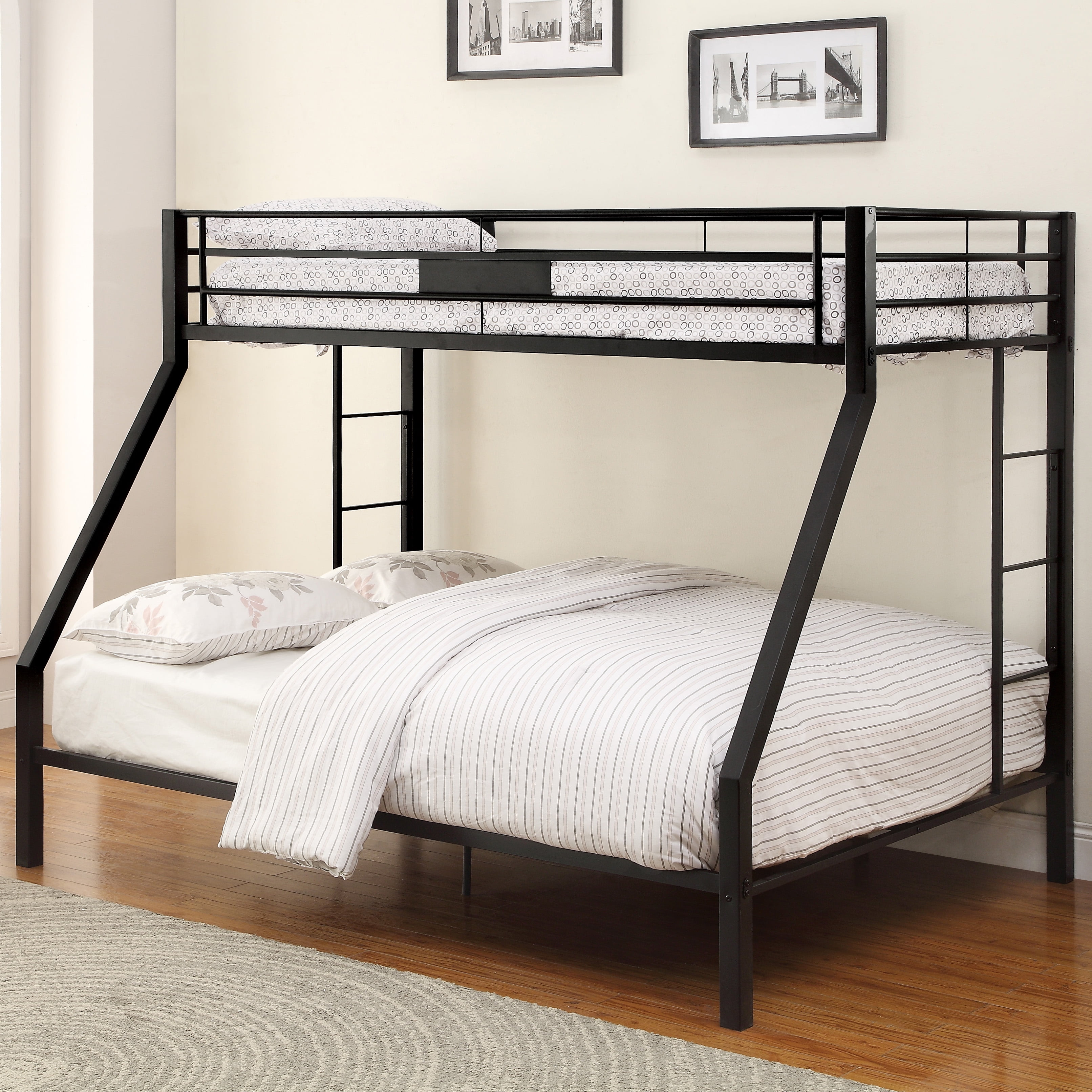 Twin over Queen Metal Bunk Bed with Double Ladder & Guardrail,Easy ...