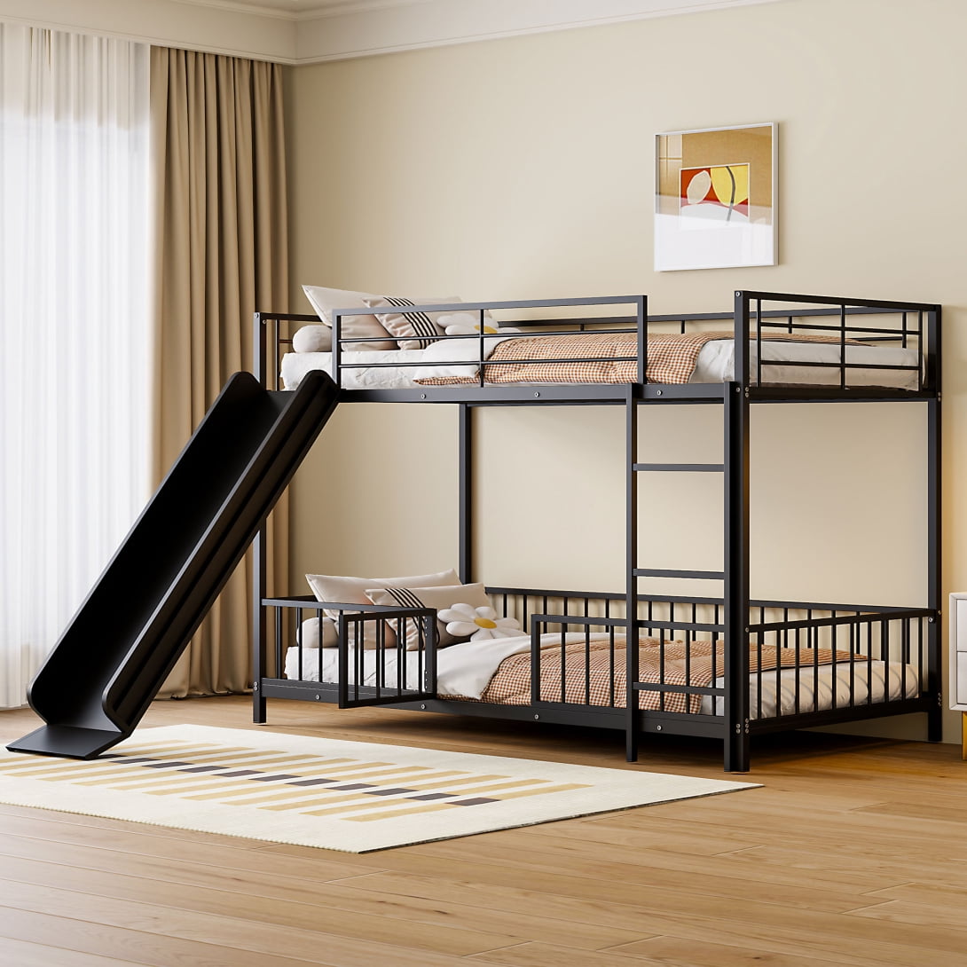 Twin over Twin Bunk Bed, Metal Bed Frame with Slide and Guardrails, Bed ...