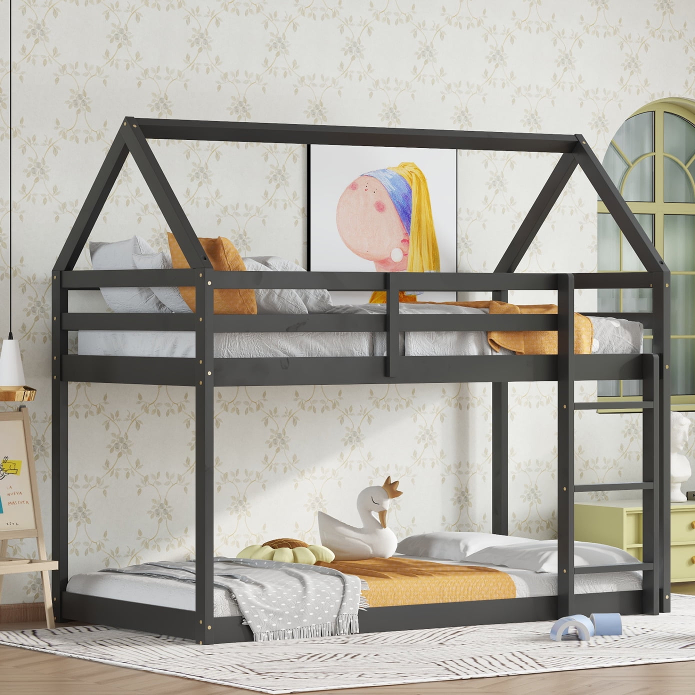 Twin over Twin Bunk Bed, Rubber Wood House-Shaped Floor Bed Frame with ...