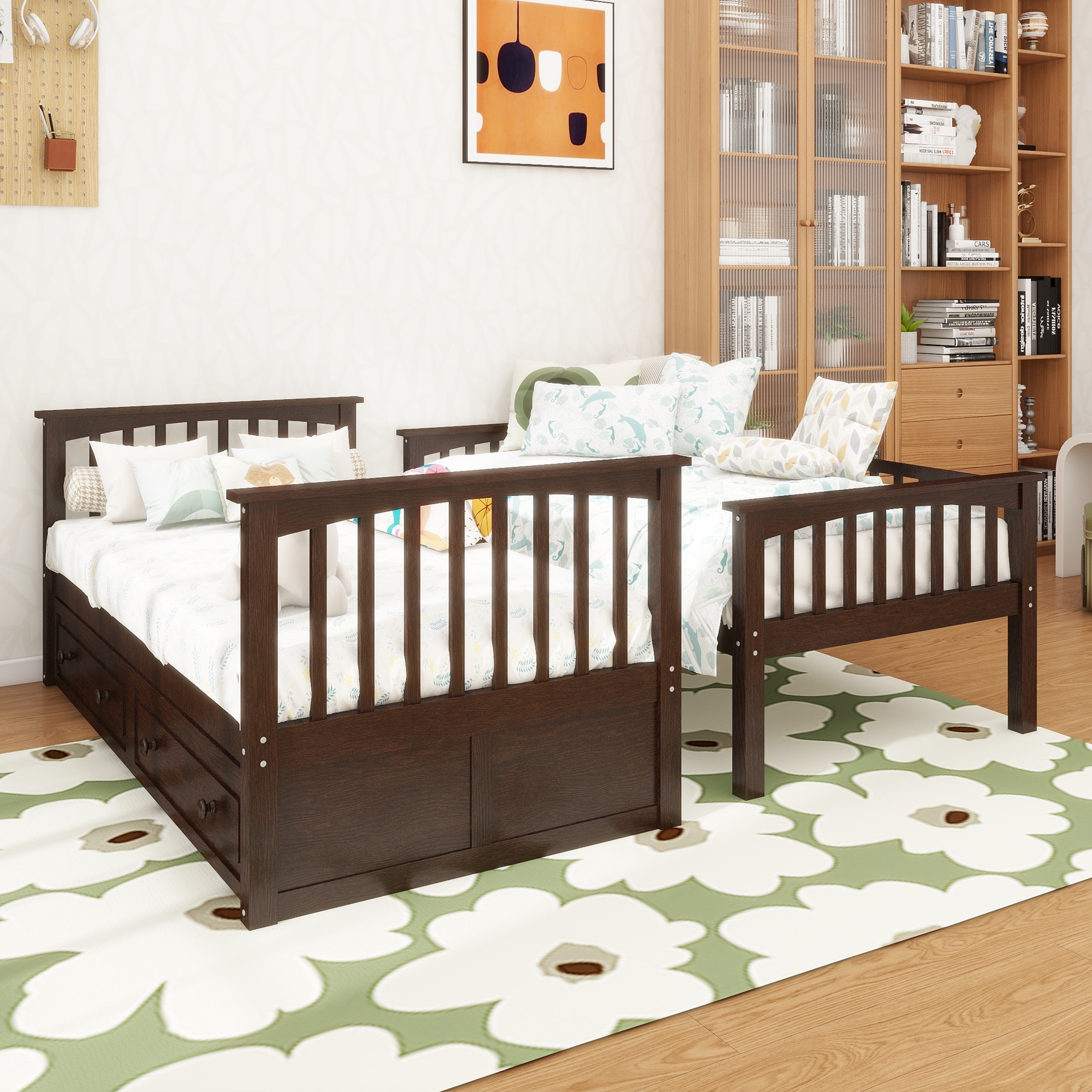 Twin over Twin Bunk Bed with Drawers, Convertible Beds, Espresso ...