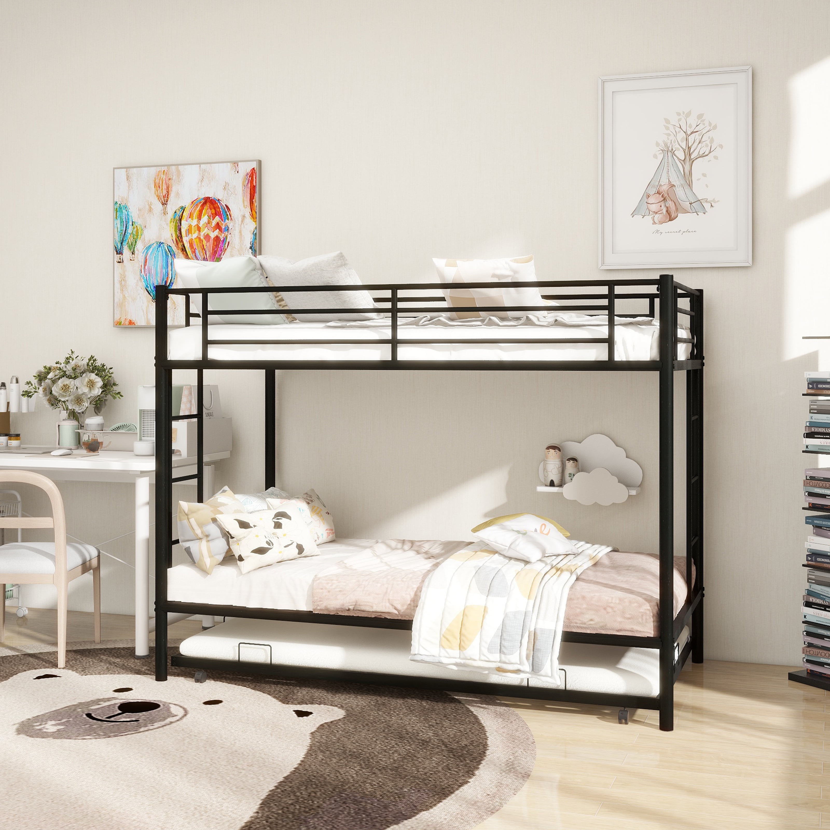 Twin over Twin Bunk Bed with Trundle, Black - Walmart.com