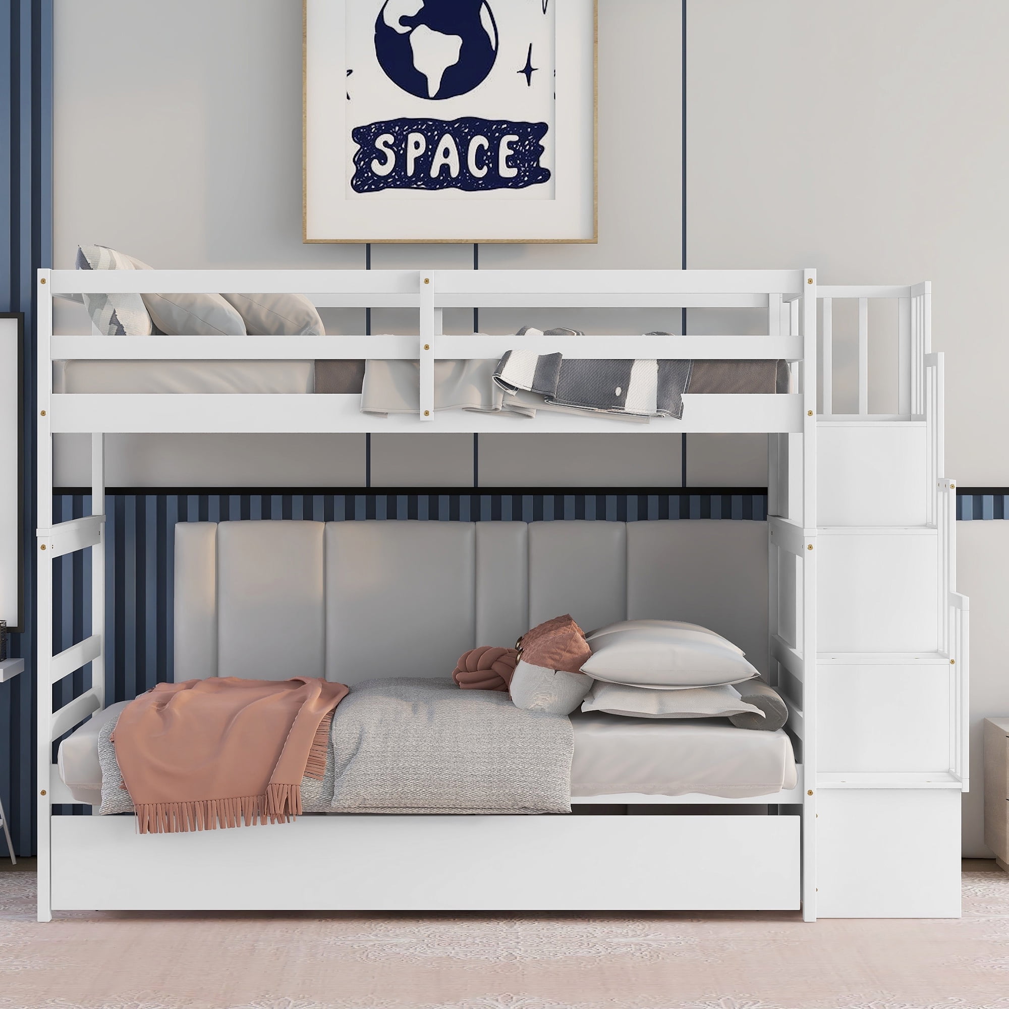 Twin over Twin Bunk Beds With Twin Trundle and Stairway Storage ...