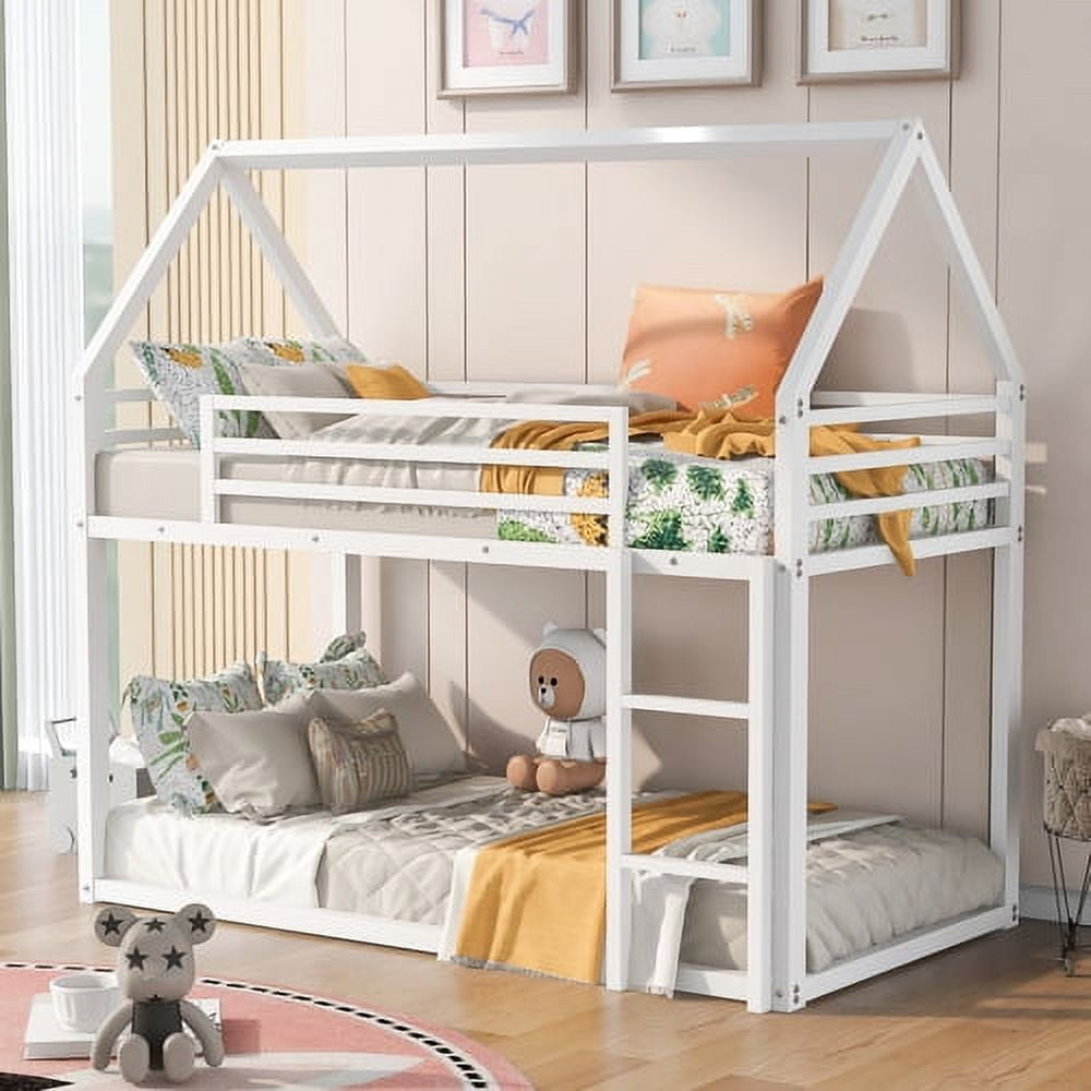Twin over Twin House Bunk Bed Frame, Metal Platform Bed with Built-in ...