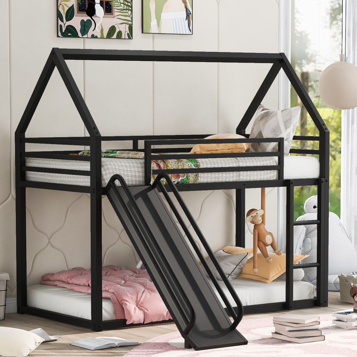 Twin over Twin House Bunk Bed with Safety Fence and Slide, Low Height ...