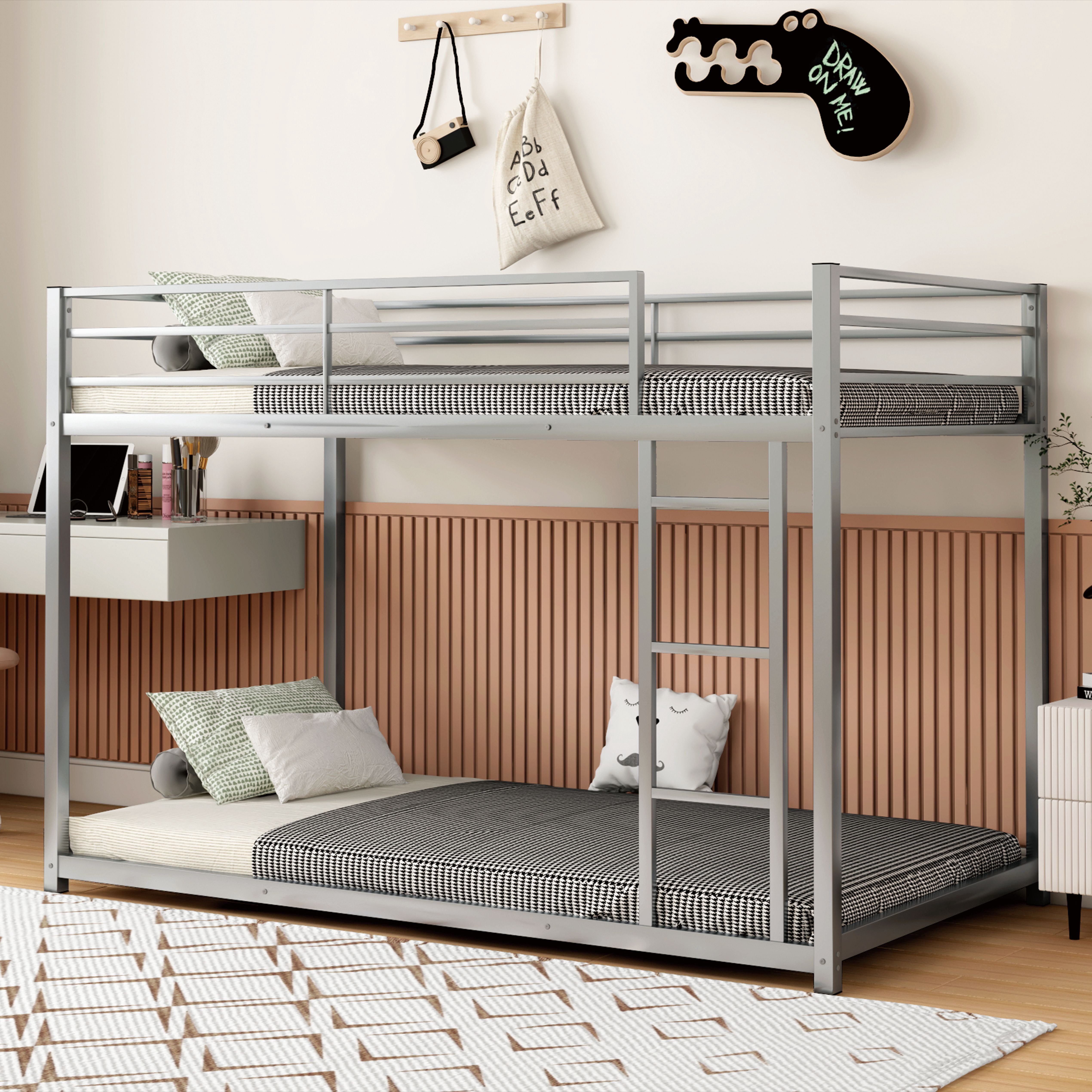Twin over Twin Metal Bunk Bed, Low Bunk Bed with Ladder,Silver ...
