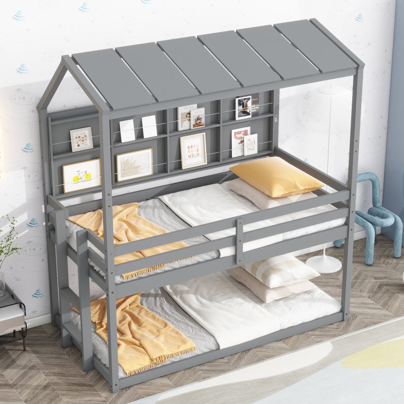 Twin-over-Twin Size Loft Bed, Modern Wood Bunk Bed Frame with Safety ...