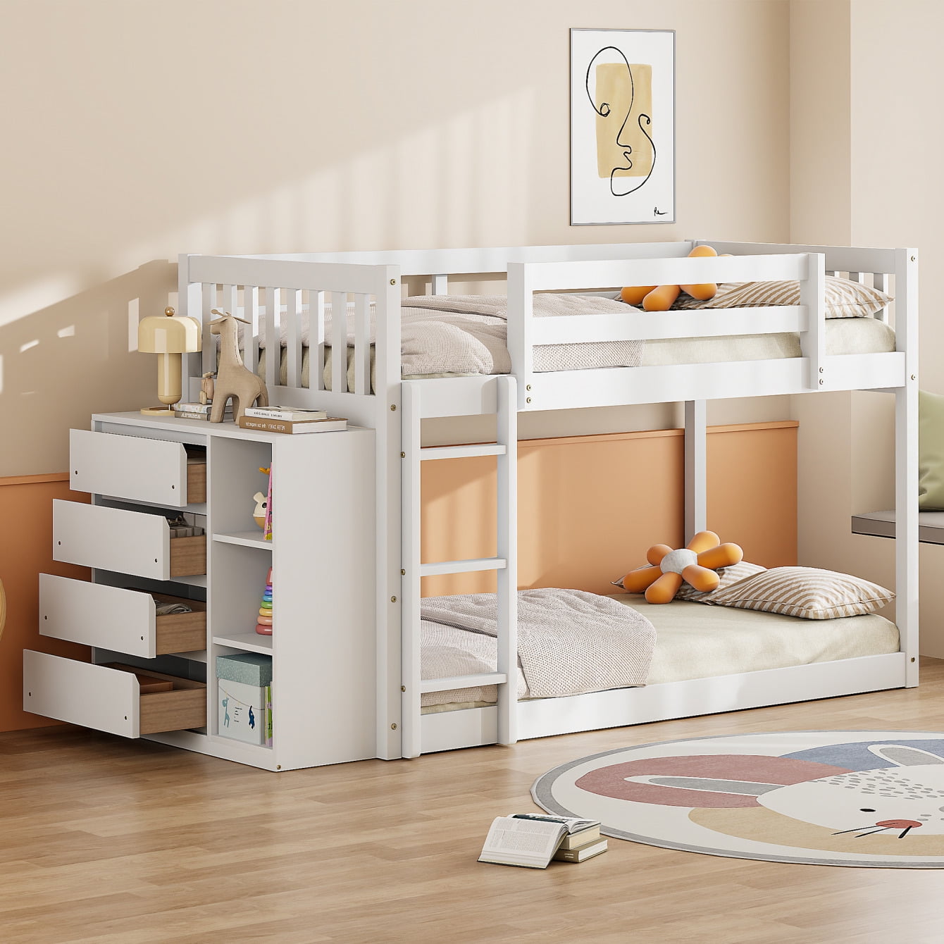 Twin over Twin Solid Wood Bunk Bed with High Guardrail, Low Platform ...