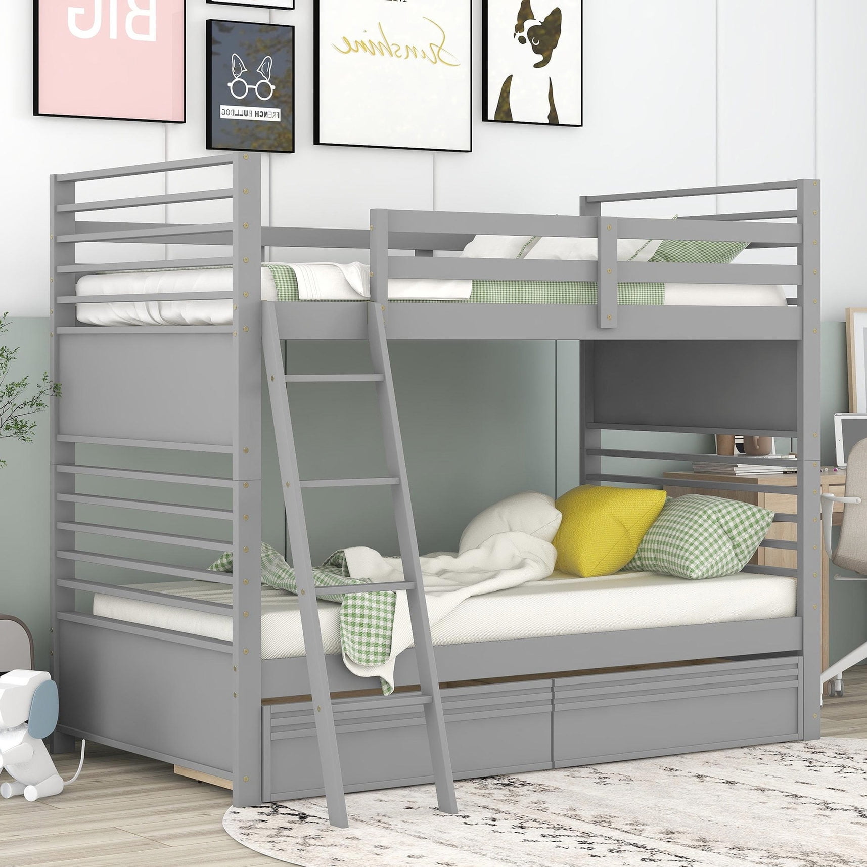 Twin over Twin Wood Bunk Bed, Gray with Drawers | Space - Saving Design ...