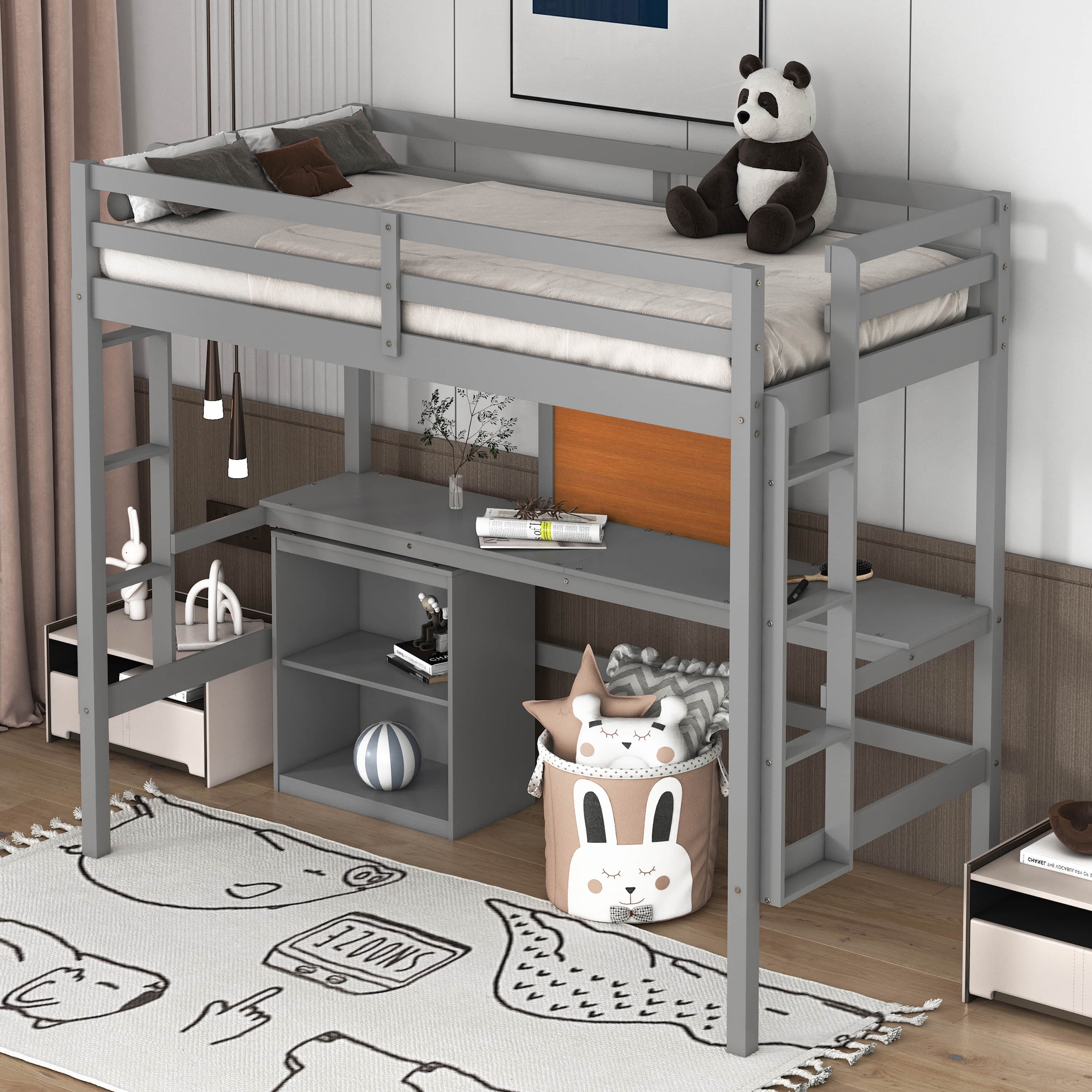 Twin size Loft Bed with Desk and Writing Board, Wooden Loft Bed with ...