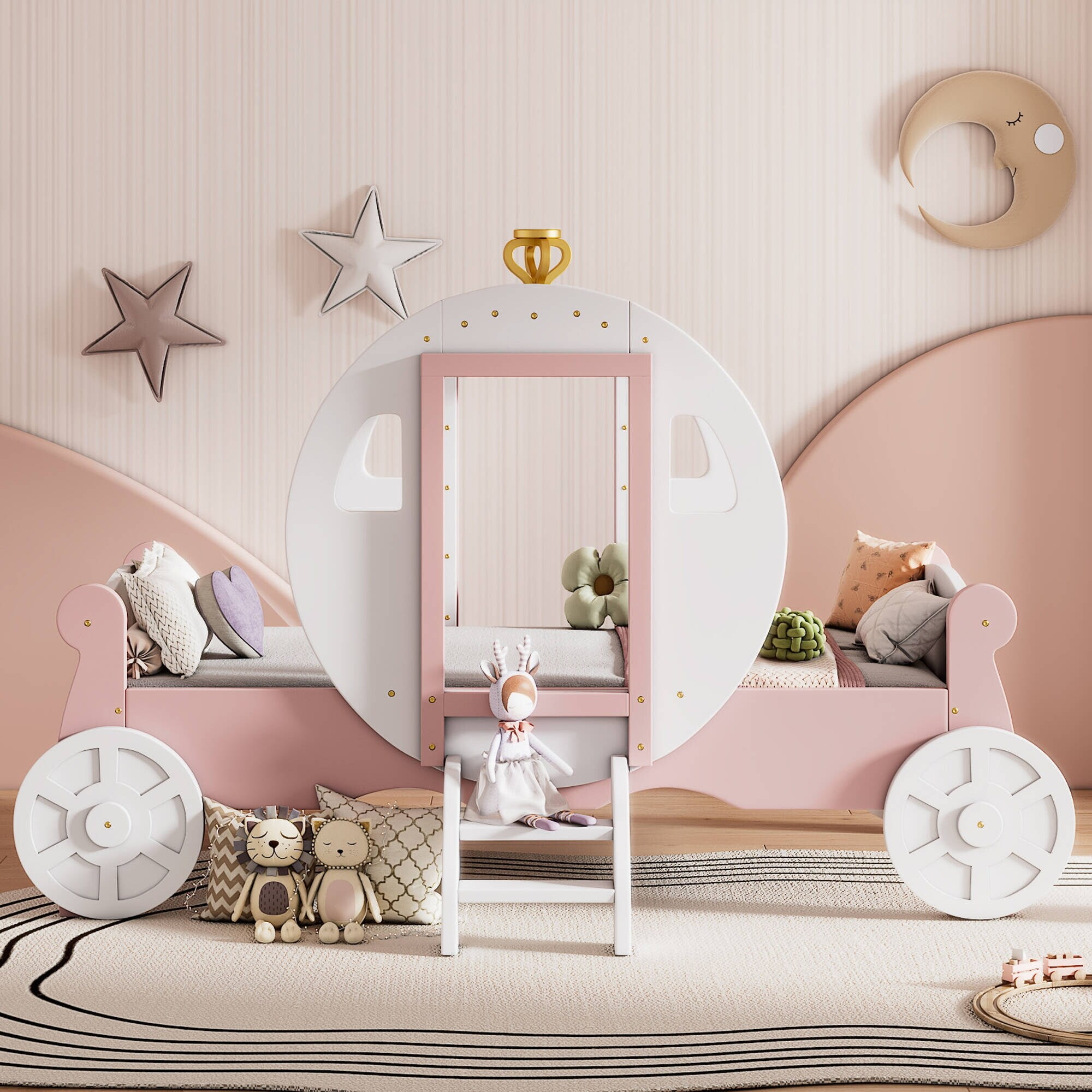 Twin size Princess Carriage Bed with Crown,Wood Platform Car Bed with ...