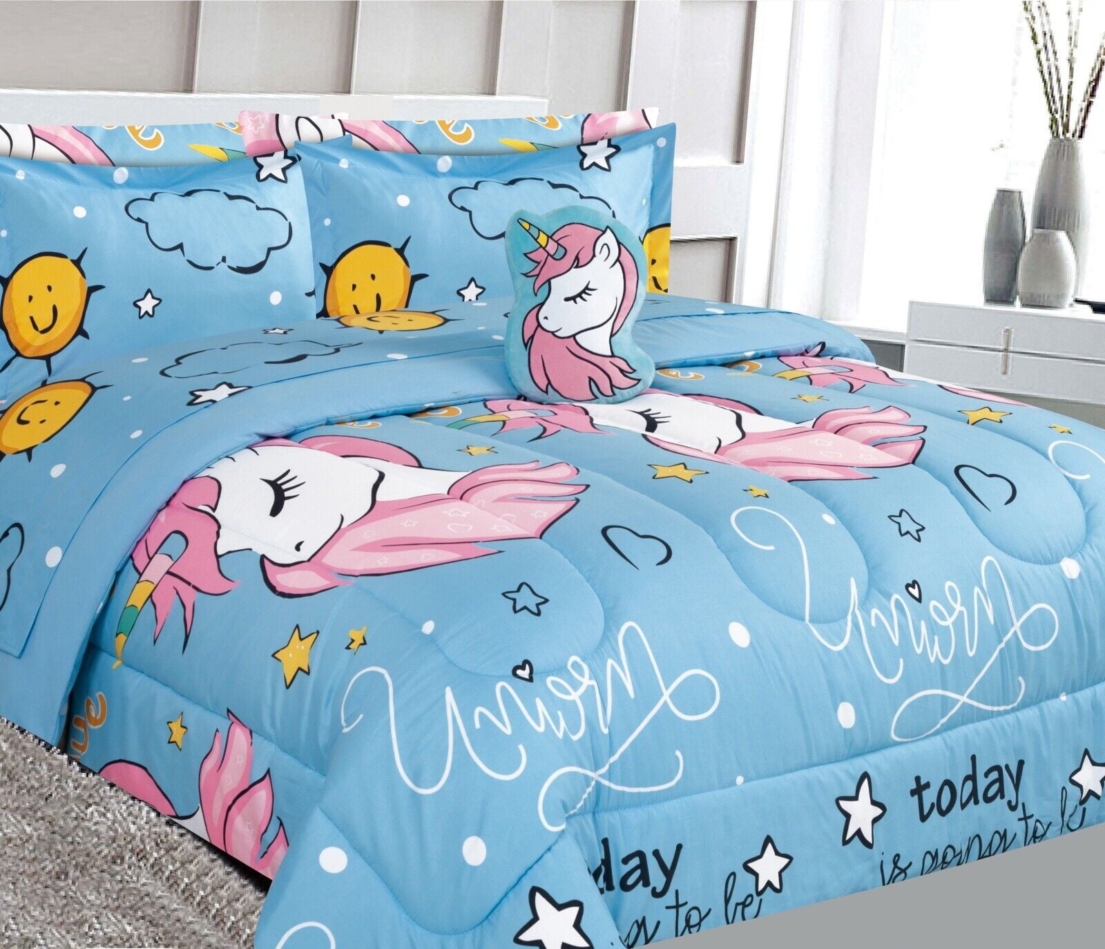 Twin size comforter 6 piece for kids boy girl print design colors set bed in bag with shams ...