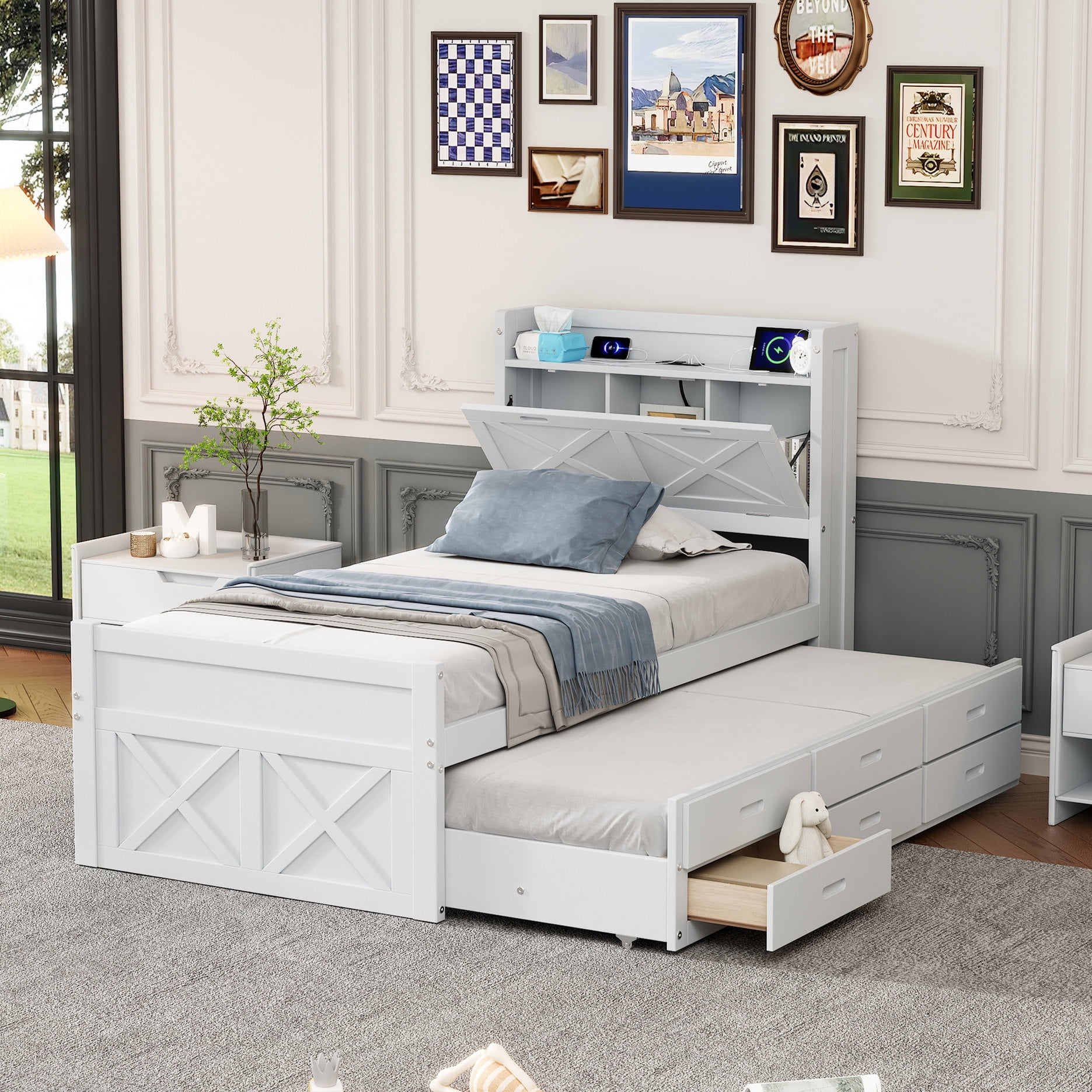 Twin size extendable bed with storage headboard and trundle for ...